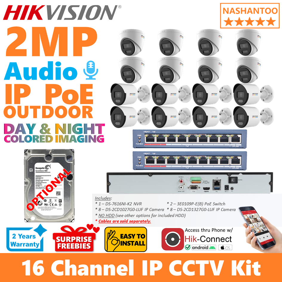 Hikvision 16Channel 2MP Colorvu Audio PoE 16Cameras (8 Bullet, 8 Turret ...