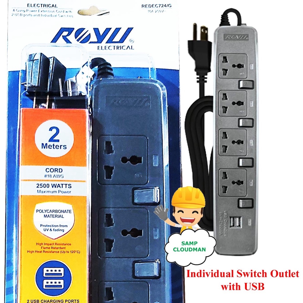 【COD】 Royu 4 Gang Universal Outlet with Individual Switch Power ...