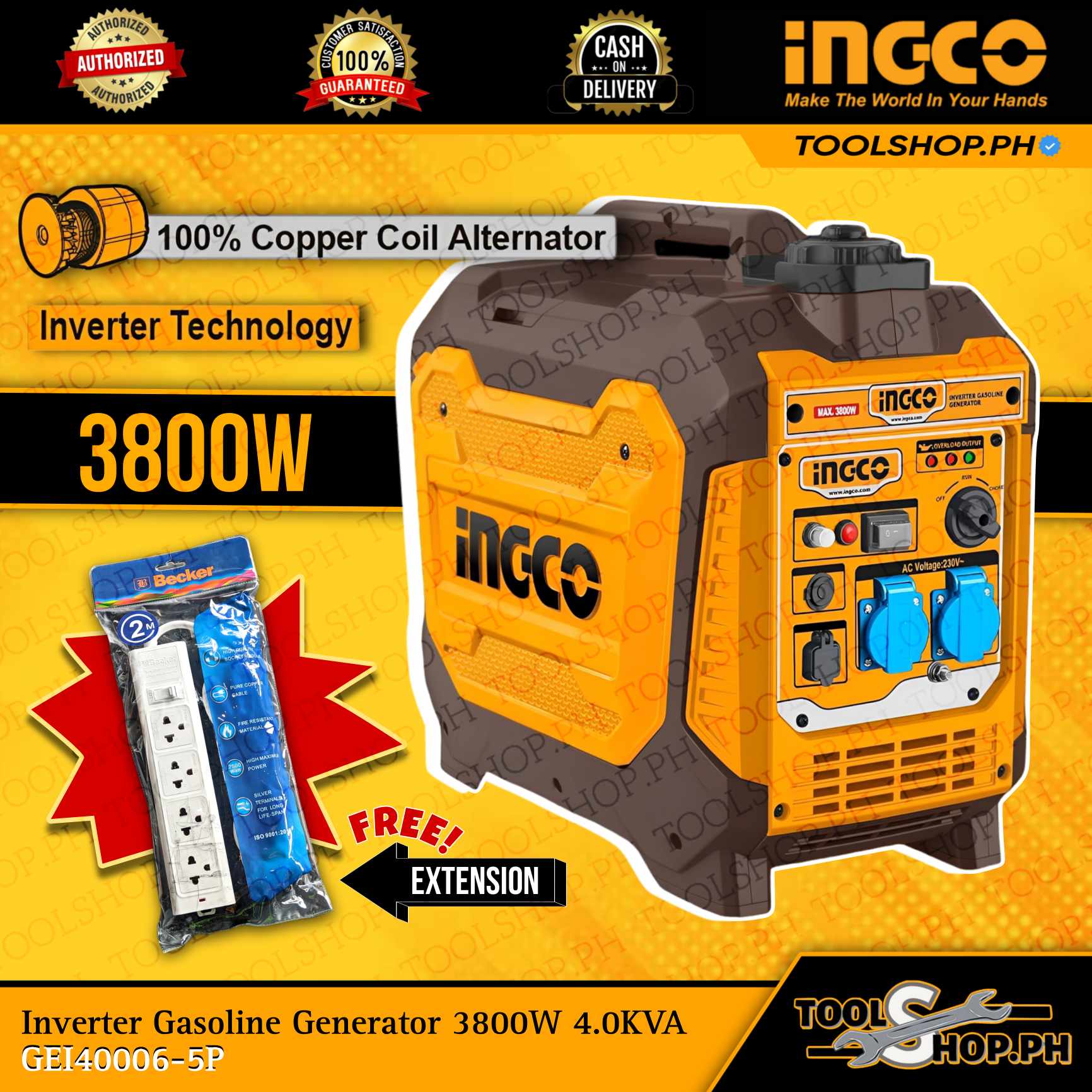 INGCO Inverter Gasoline Generator Silent Type 3800w 4.0KVA GEI40006-5P ...