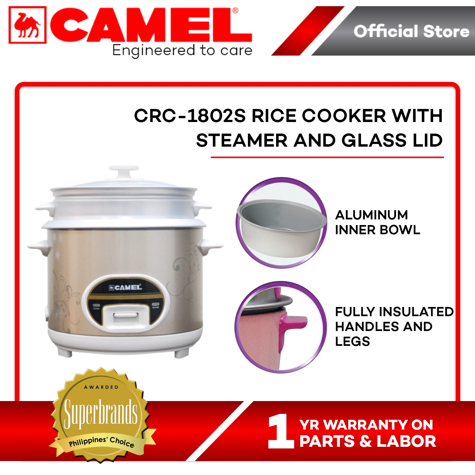 Camel CRC-1802S Rice Cooker with Steamer and Glass Lid (10 cups / 1.8L ...