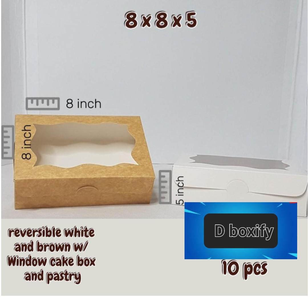 Dboxify Cake Pastry Box w/ Window 8 x 8 x 5 inches reversible brown and ...