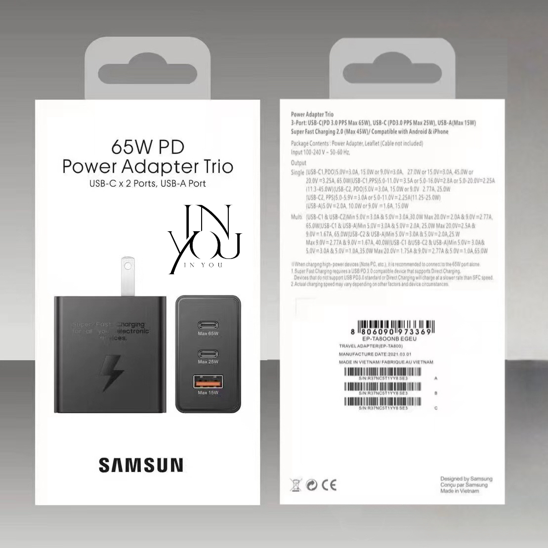 Sansung 65W PD Power Adapter Trio Super Fast Charger W/C To C Cable USB ...