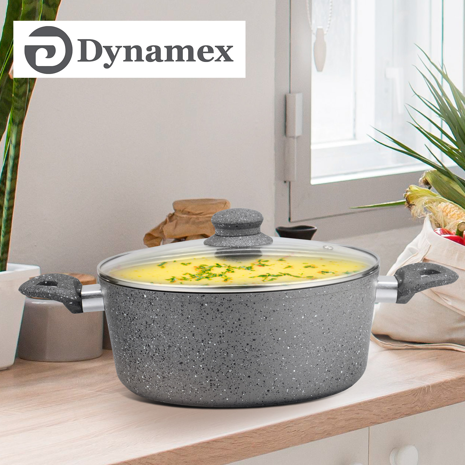 Dynamex Marble Induction 24cm Casserole with Glass Lid Non-stick Stone ...