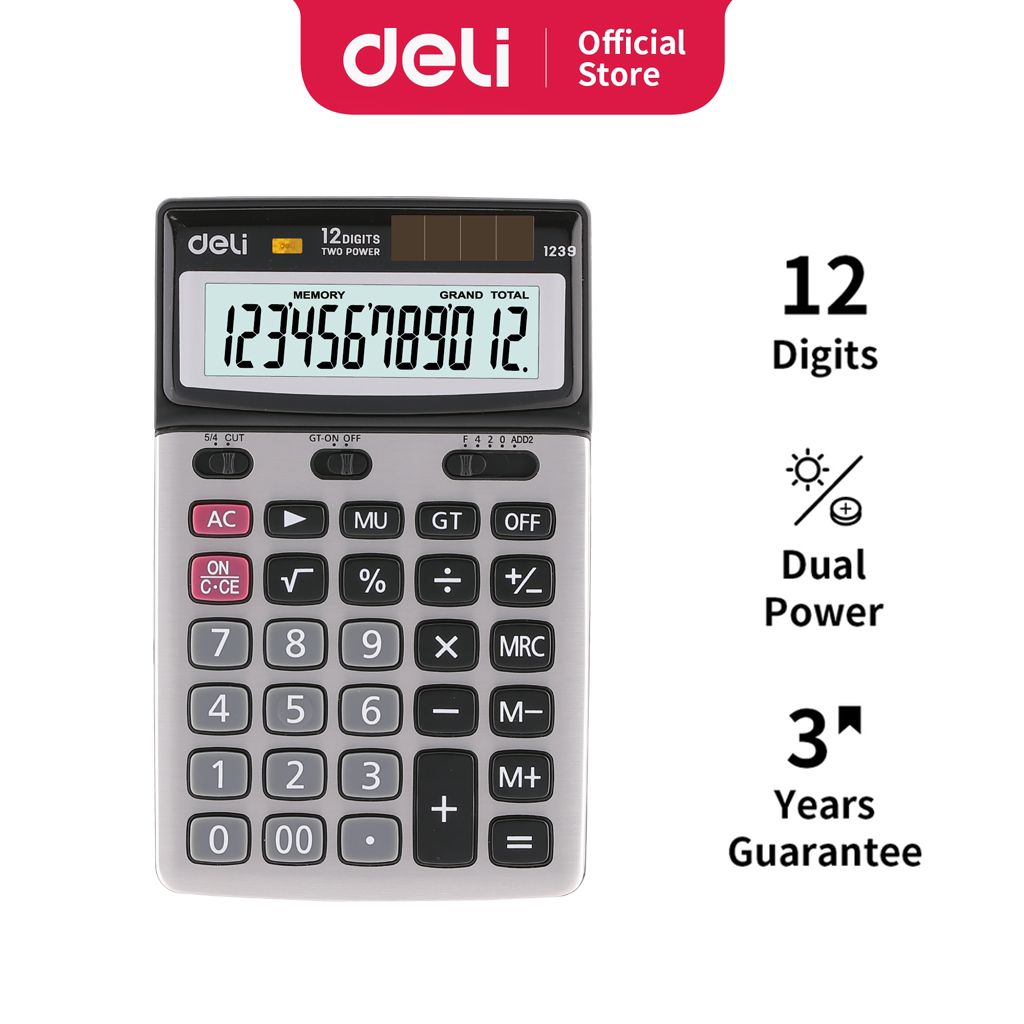 Deli Calculator 12 Digits Desktop Silver Tilt Screen 1239 [75281239 ...