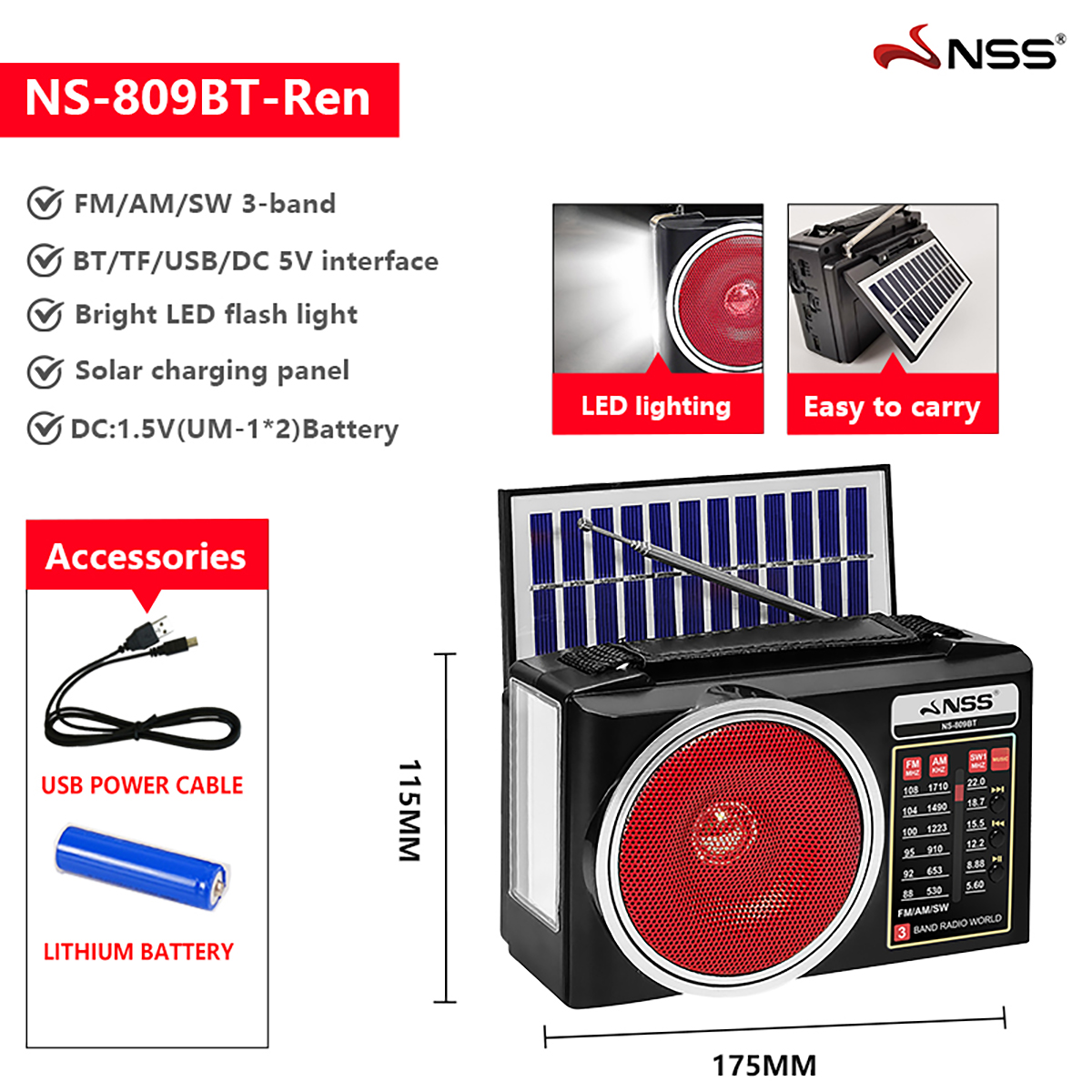 NSS Solar Radio FM/AM/SW 3 Band Radio with Built-in Wireless Speaker ...