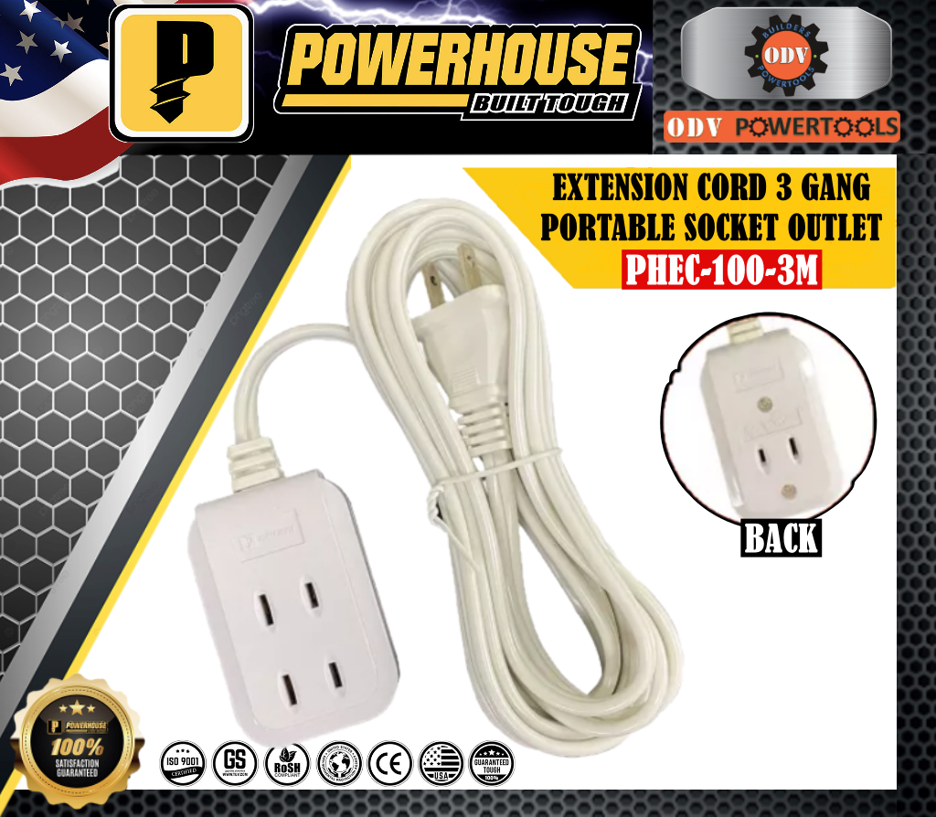 POWERHOUSE Electric Extension Cord 3 gang Portable Socket Outlet Flat ...