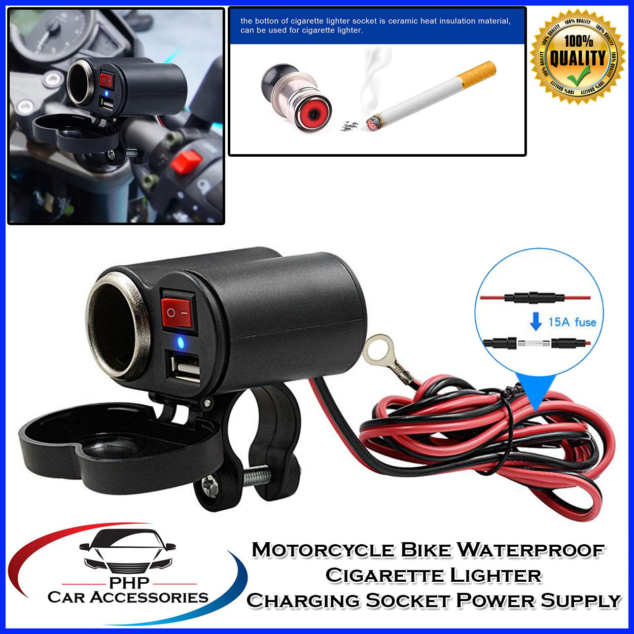 12V Motorcycle Bike Waterproof CigaretteLighter Handlebar USB Power ...