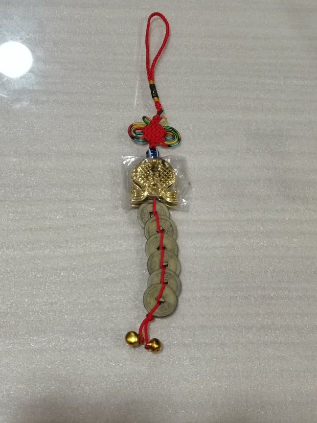 LUCKY CHARM FOR BUSINESS DOUBLE AROWANA BELL WITH SIX PROSPERITY COINS ...