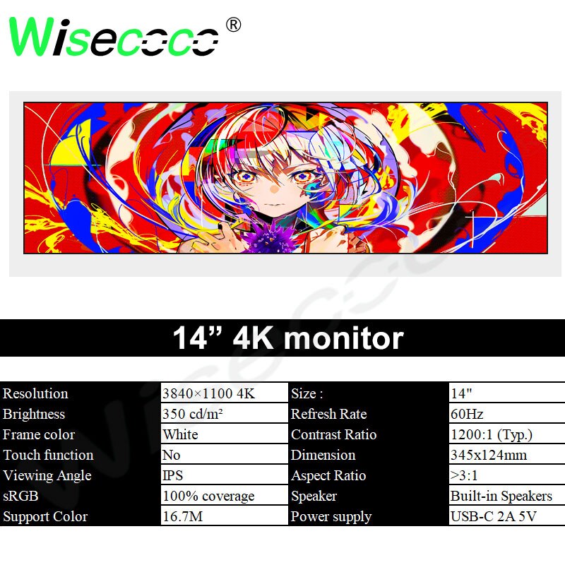 Wisecoco 14 Inch 3840X1100 4K Stretched Bar Touchscreen Potable Monitor ...