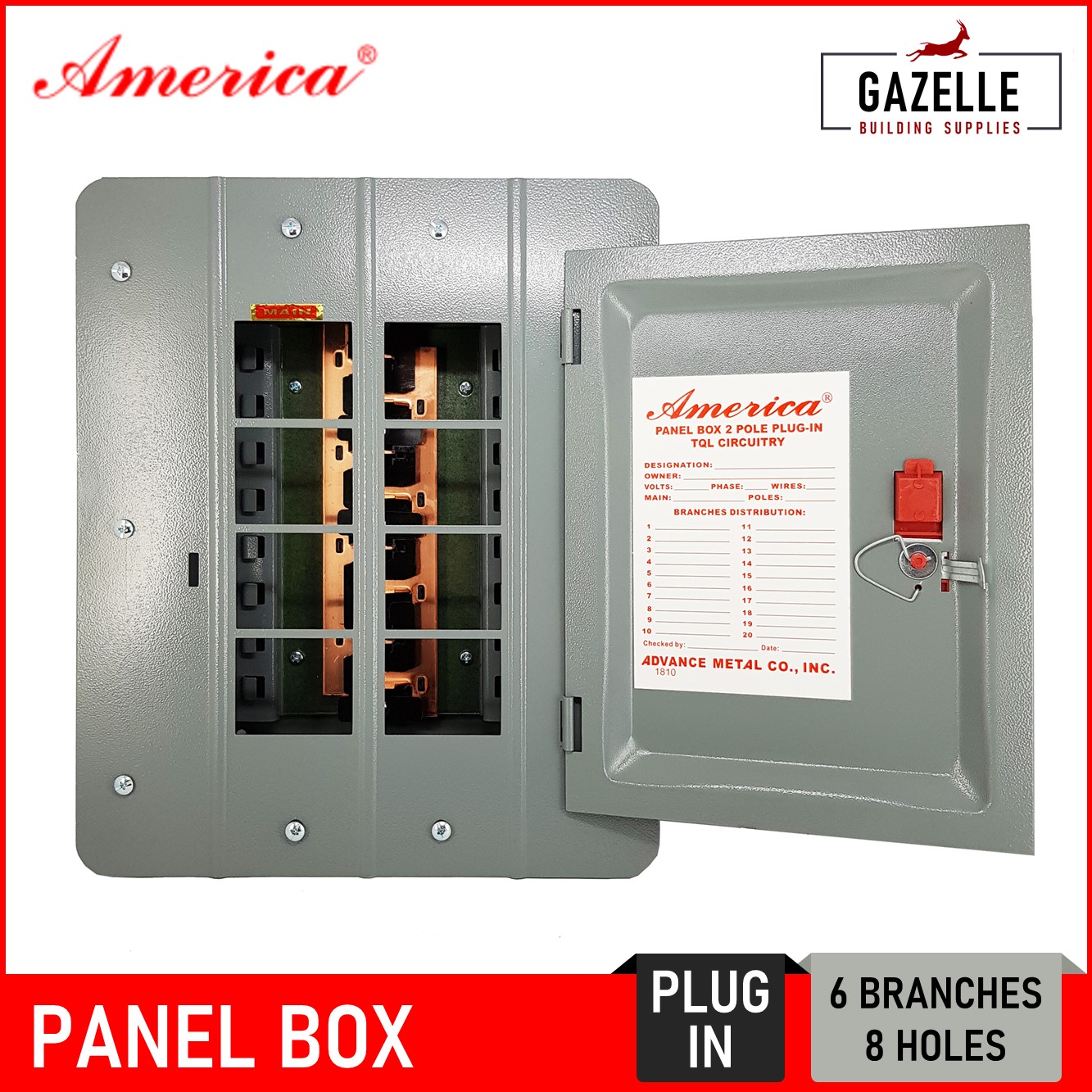 America Panel Box for 2 Pole Plug-In Circuit Breakers - 6 Branches (8 ...