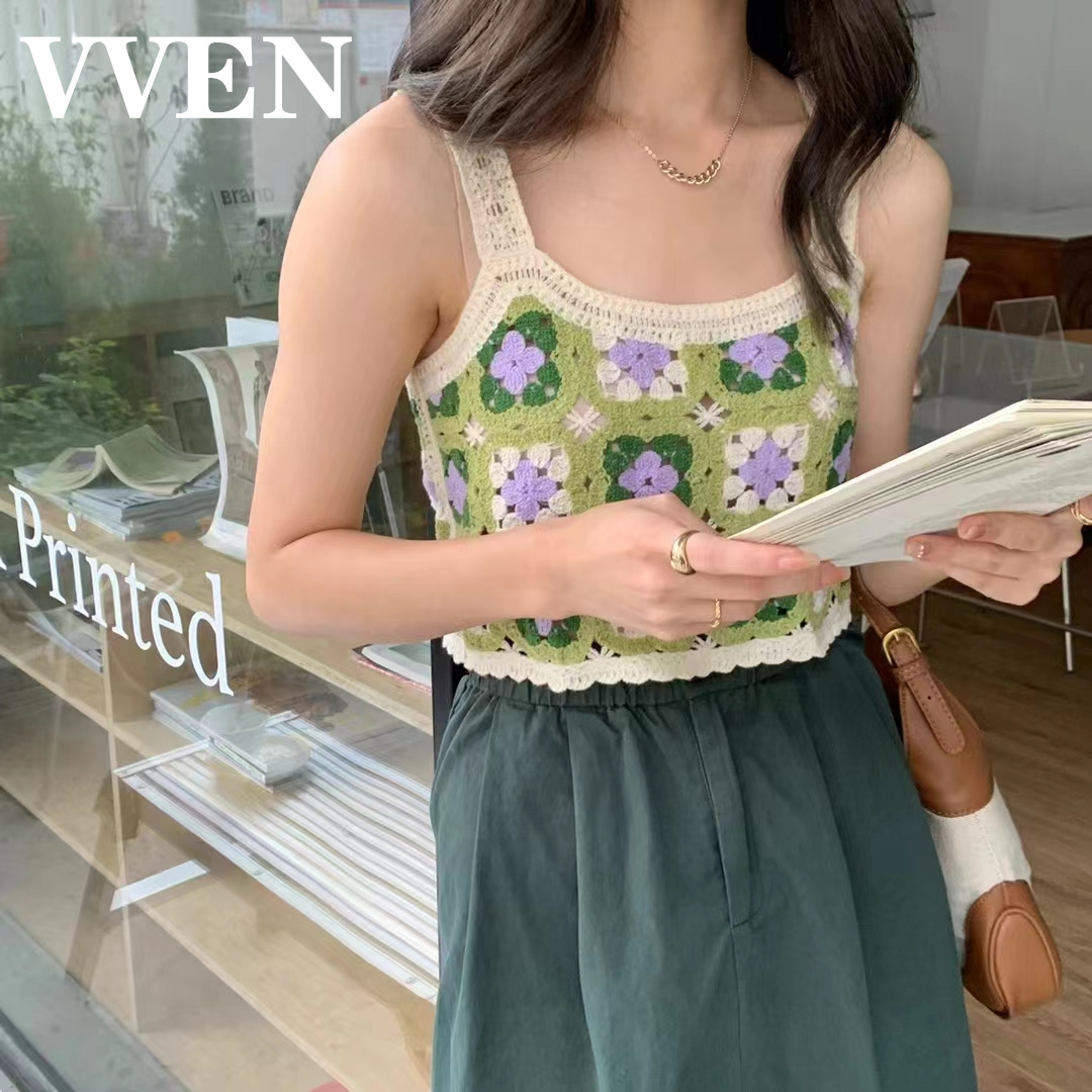 VVEN sweet cute vintage french retro floral embroidery cotton camisoles ...
