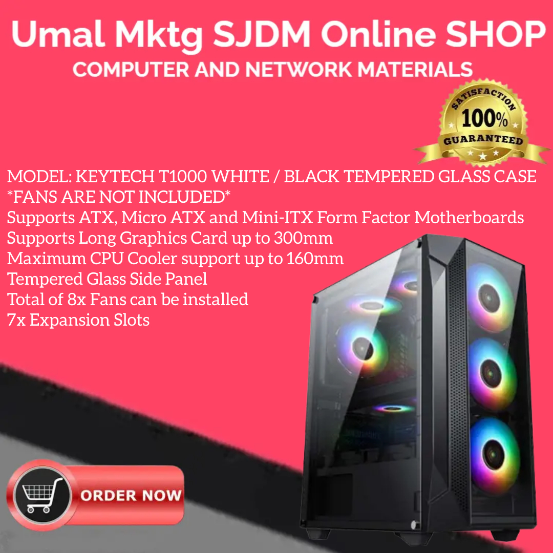KEYTECH T1000 WHITE / BLACK TEMPERED GLASS CASE *FANS ARE NOT INCLUDED ...