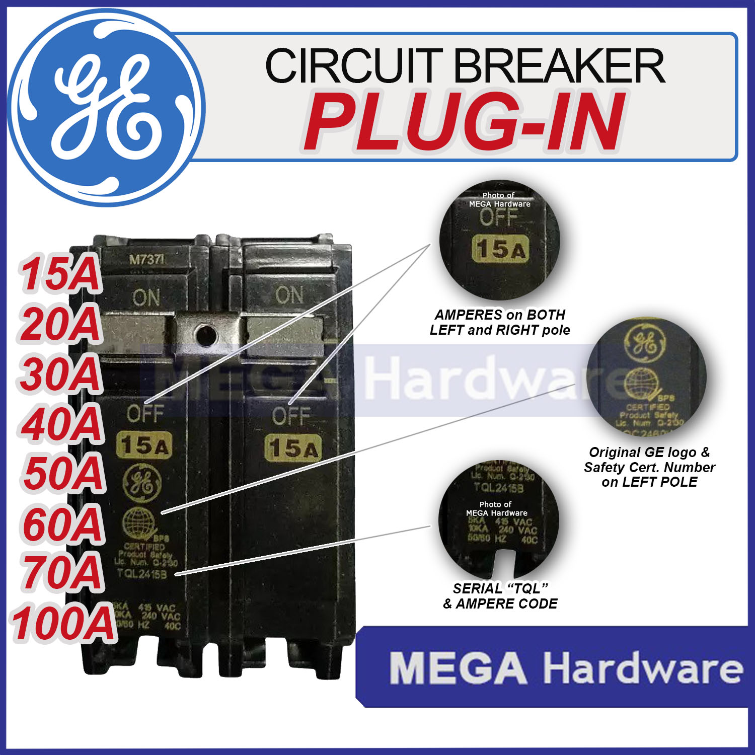 GE CIRCUIT BREAKER (PLUG IN or BOLT ON) 15A 20A 30A 40A 50A 60A 70A ...