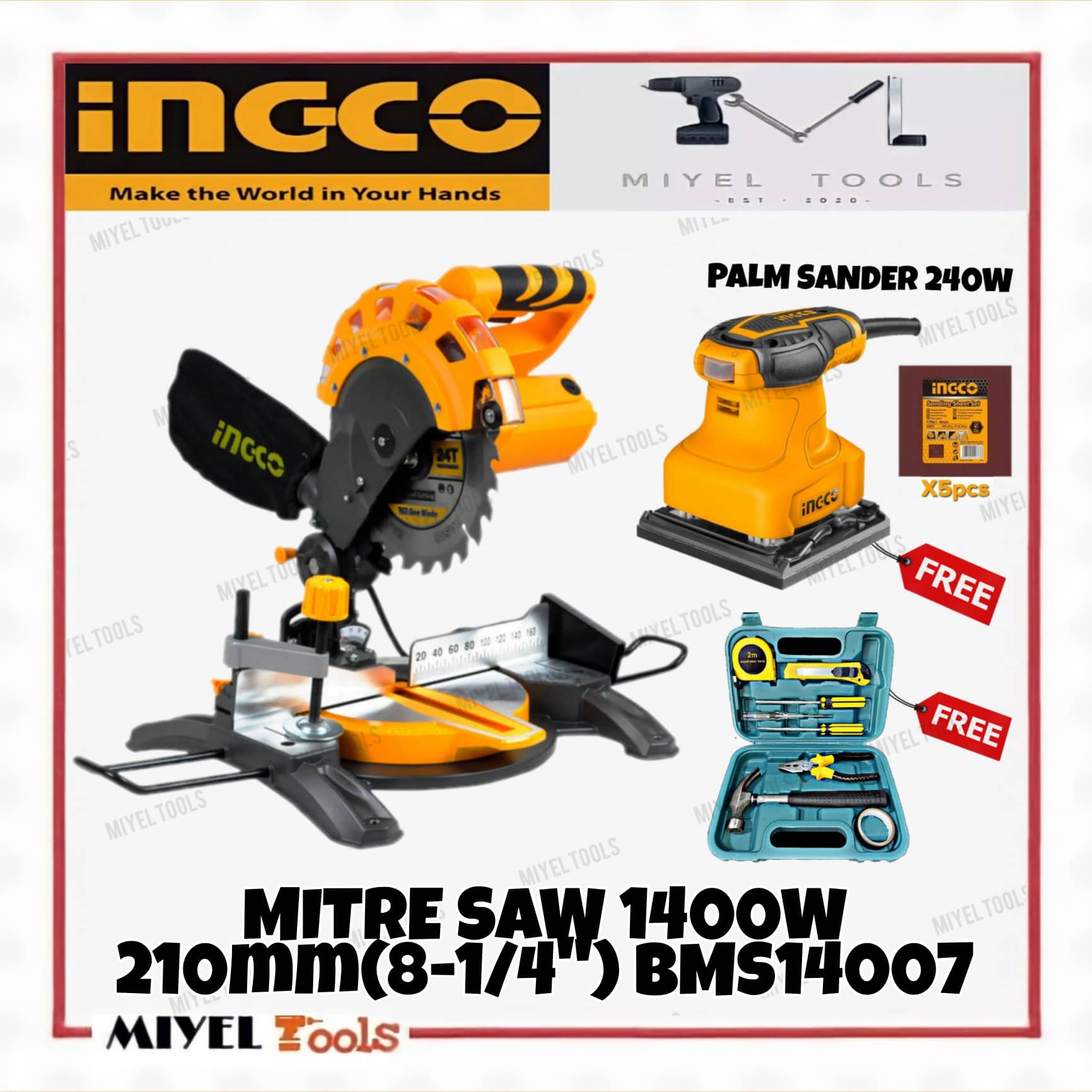 INGCO Mitre Saw 1400W 8-1/4" BMS14007 w/ FREE Palm Sander 240W & ToolSet | Lazada PH