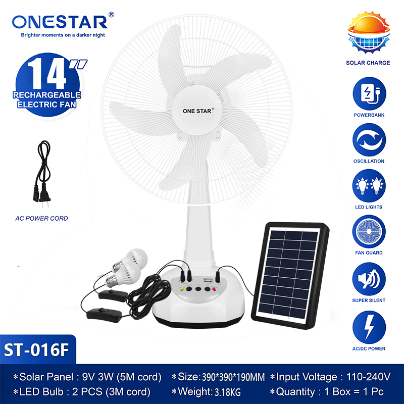Solar electric fan 14 inch rechargeable 2 LED lights 220V AC desktop ...