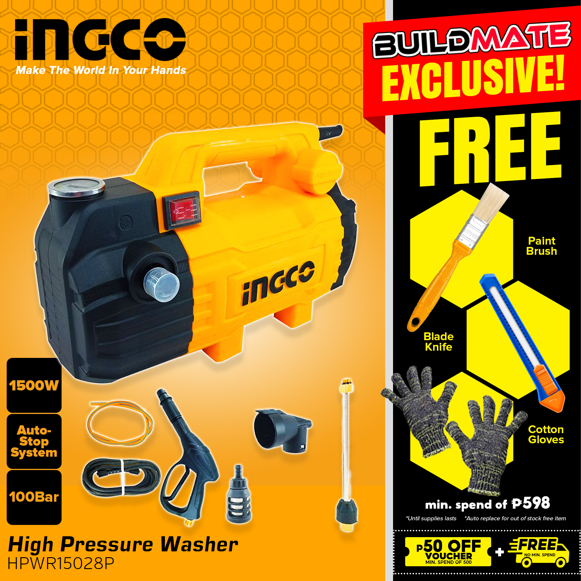 INGCO High Pressure Washer 1500W 100Bar HPWR15028P - BUILDMATE - IPT ...