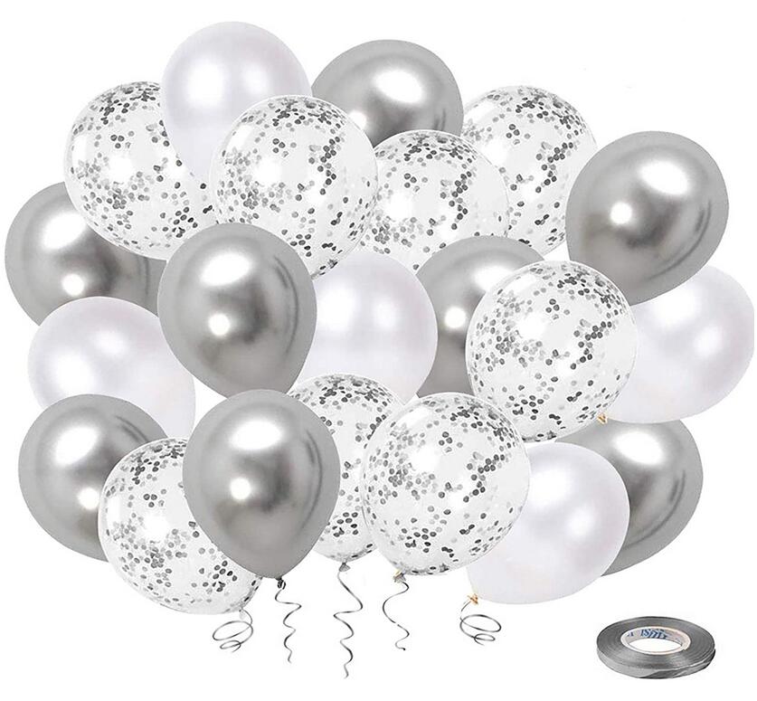 White Silver Confetti Latex Balloons, 50 Pack 12inch Silver Metallic ...