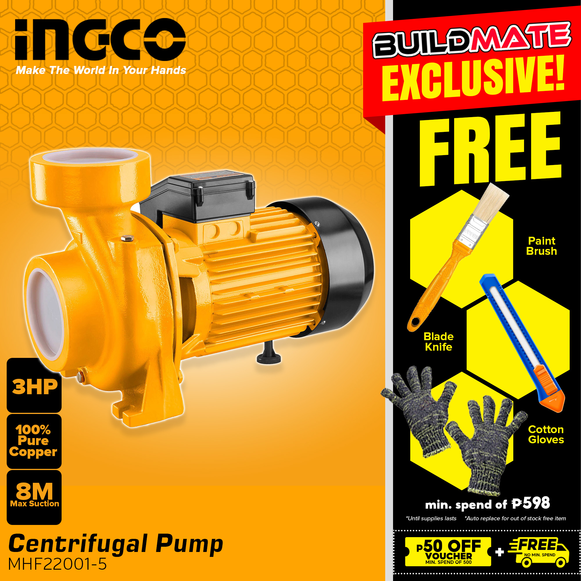 INGCO Centrifugal Pump 2250W (3HP) MHF22001-5 •BUILDMATE• IPT | Lazada PH