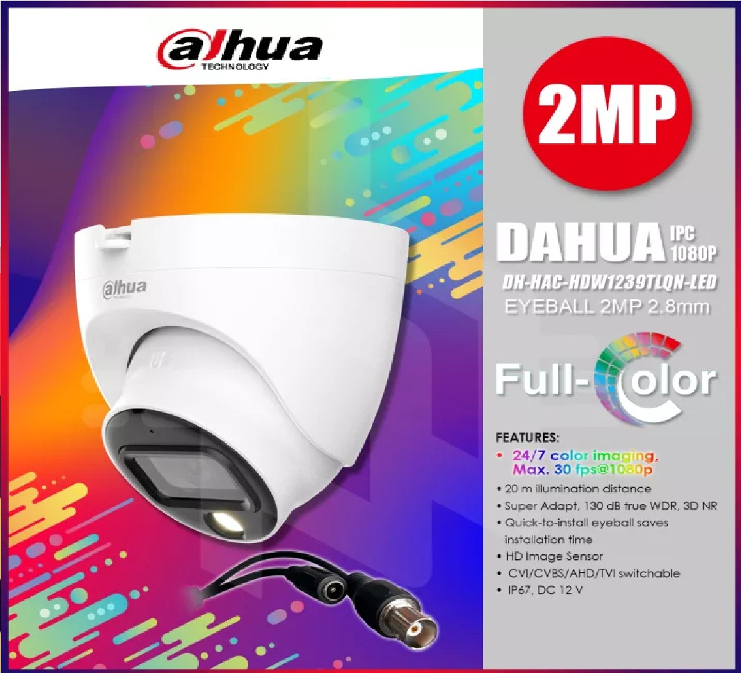 Dahua Starlight Camera Full Color Dome Camera 2.8/3.6mm 2MP Model: DH-HAC-HDW1239TLQN-LED ...