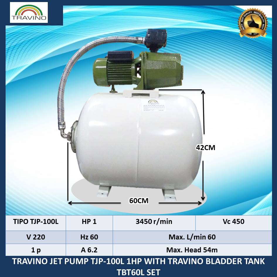 TRAVINO Jet Water Pump 1HP with TRAVINO 60L Bladder Tank Water Booster Set High Quality and ...
