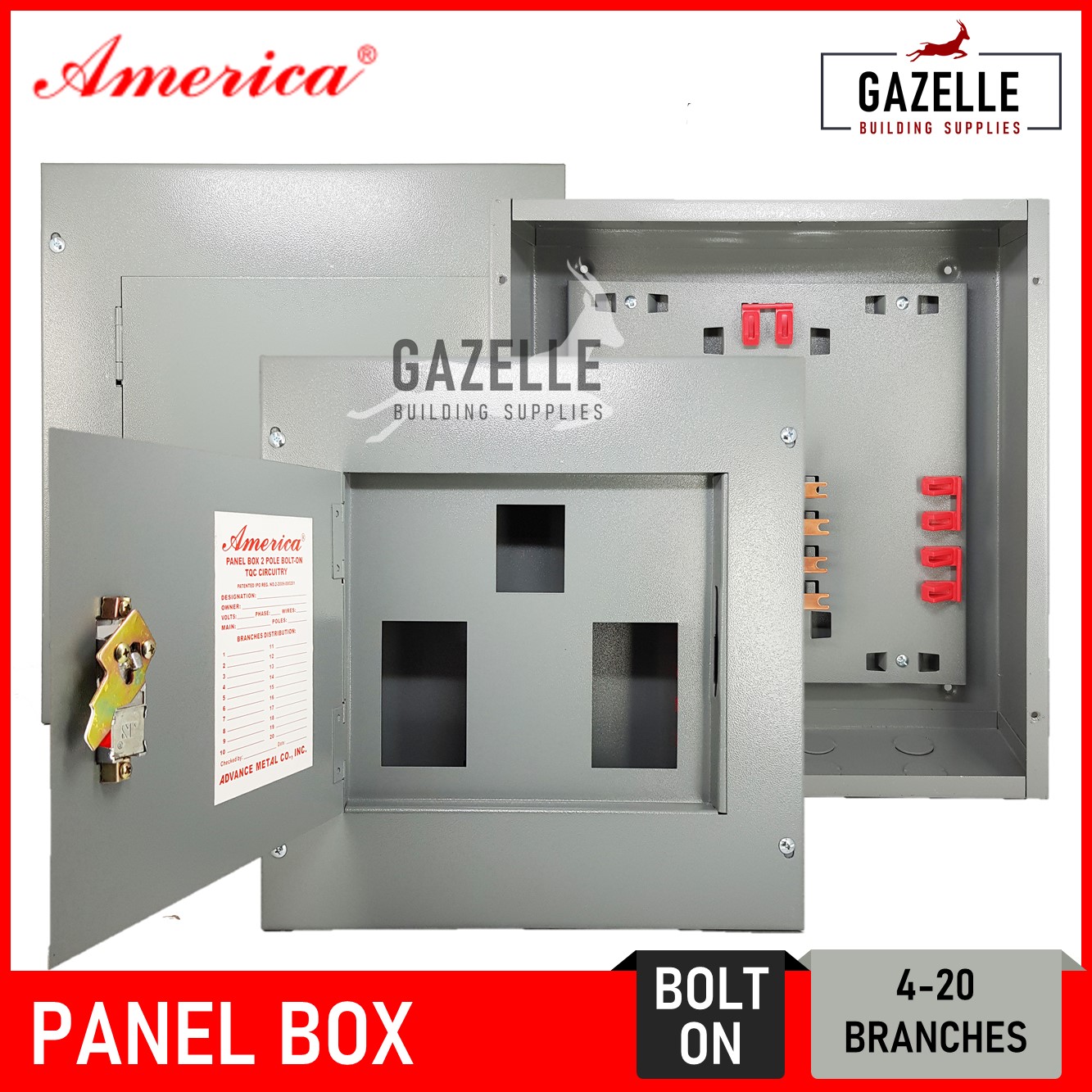 America Panel Box for 2 Pole Bolt-On Circuit Breakers - 16 Branches ...