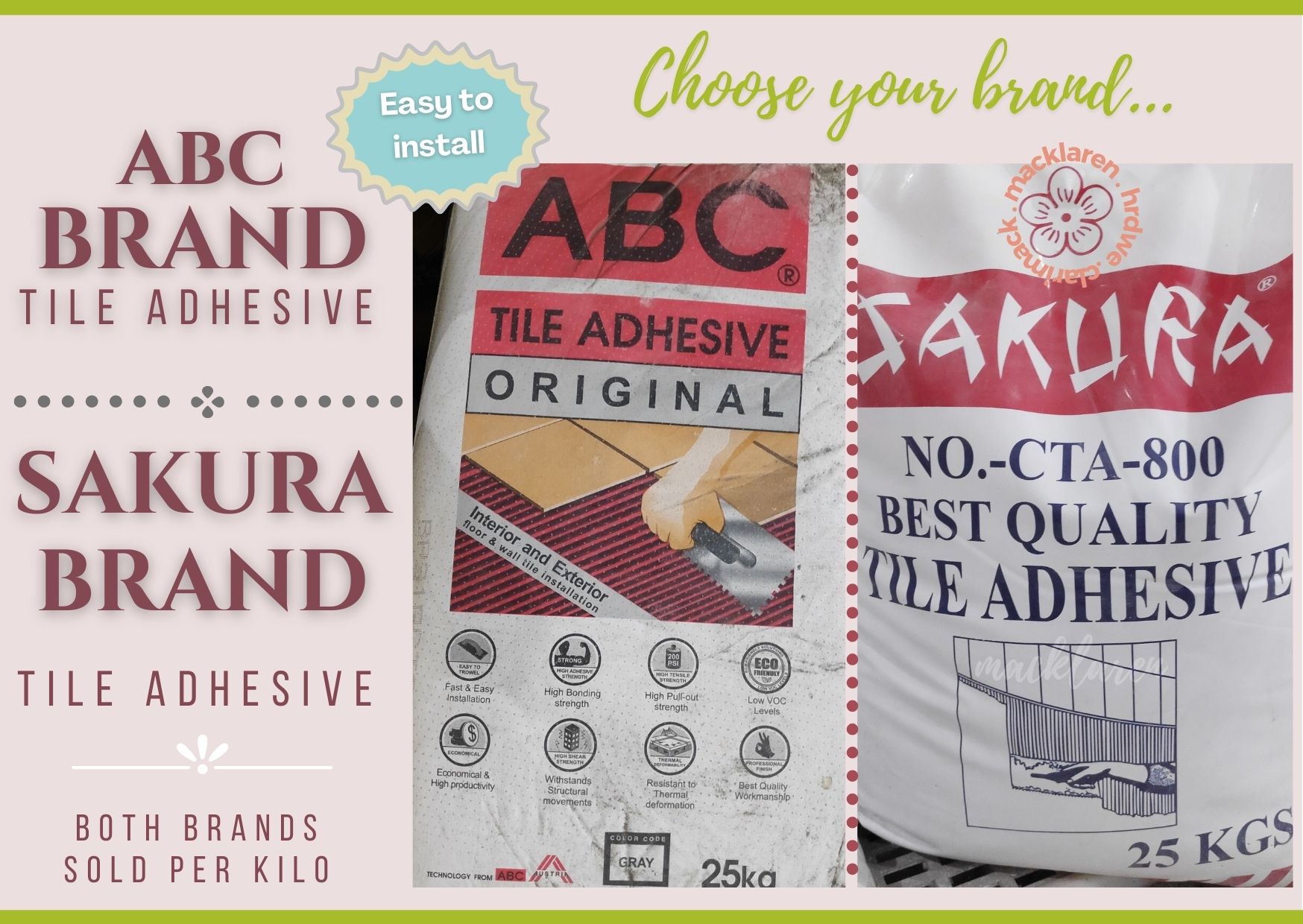 Tile Adhesive - ABC Brand and Sakura Brand - Sold per kilo - Best ...