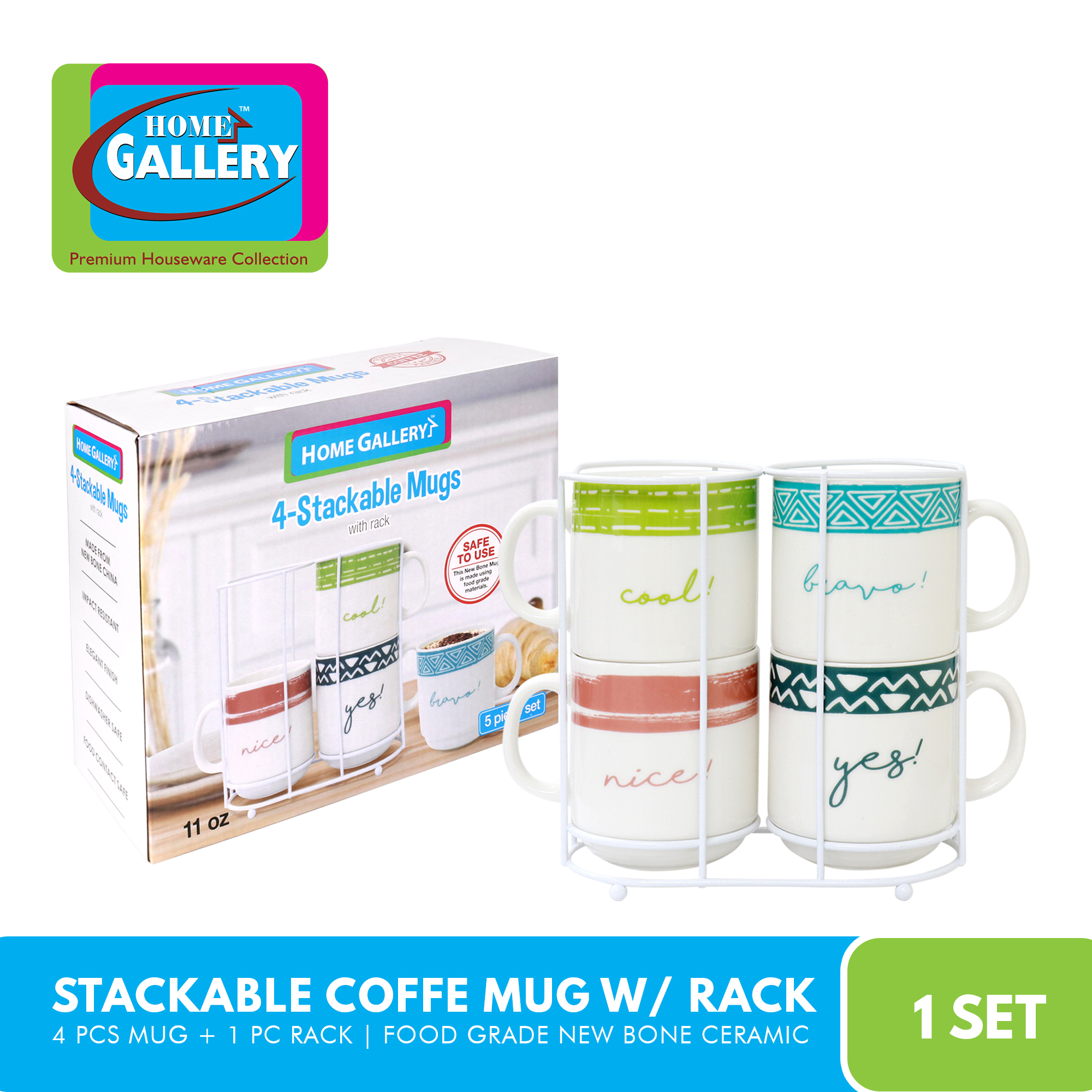 Home Gallery Stackable Coffee Mug with Rack, 5-pc Set (4 pcs Mug + 1 pc ...