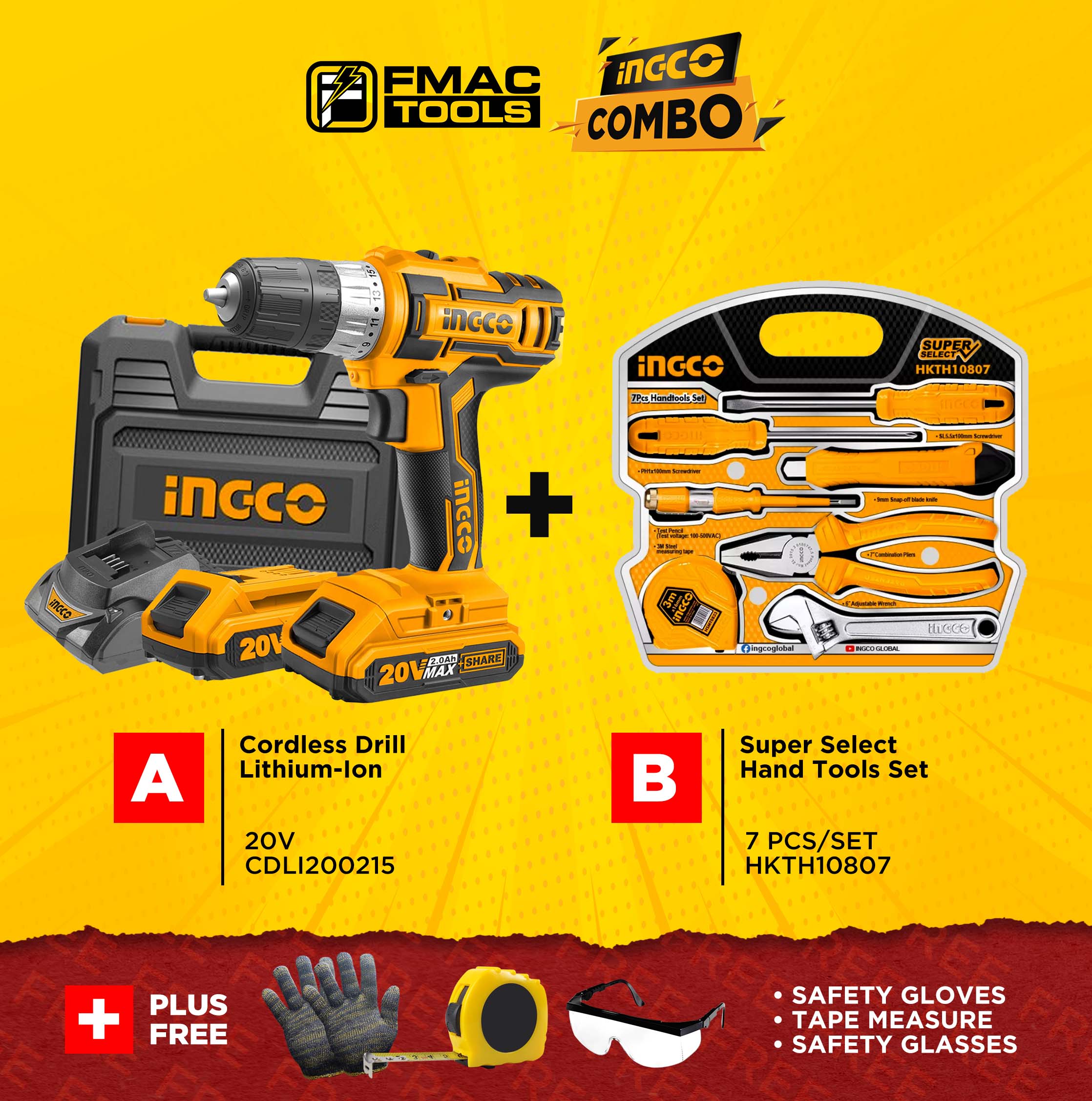INGCO COMBO SUPER SELECT Cordless Drill Lithium-Ion 20V CDLI200215 ...