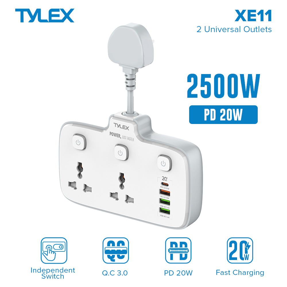 Tylex XE11 2 Universal Outlets Socket Converter Power Extension Cord ...