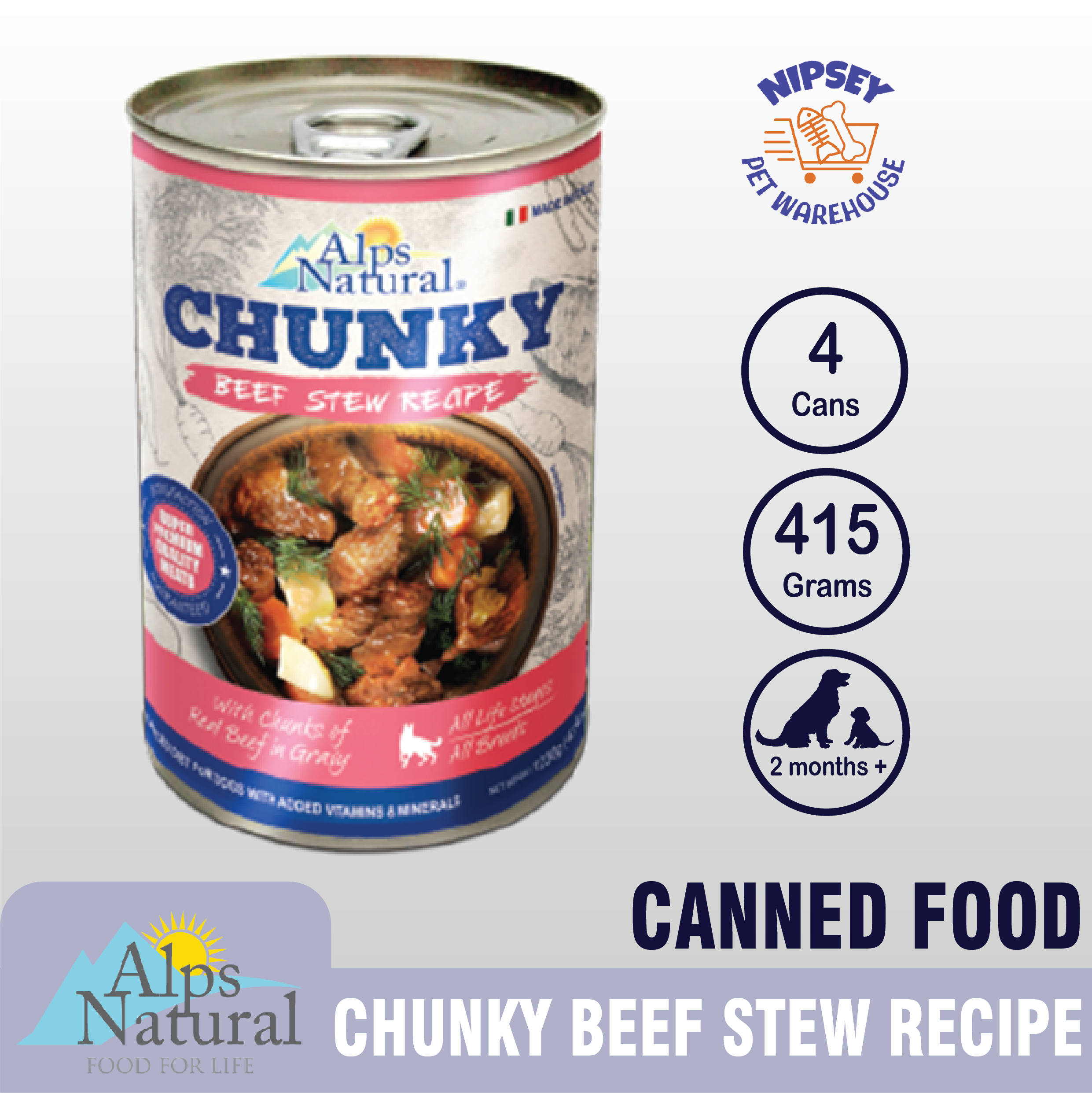 Alps Natural Chunky Beef Stew Recipe wet dog food in can 415g set of 4 ...