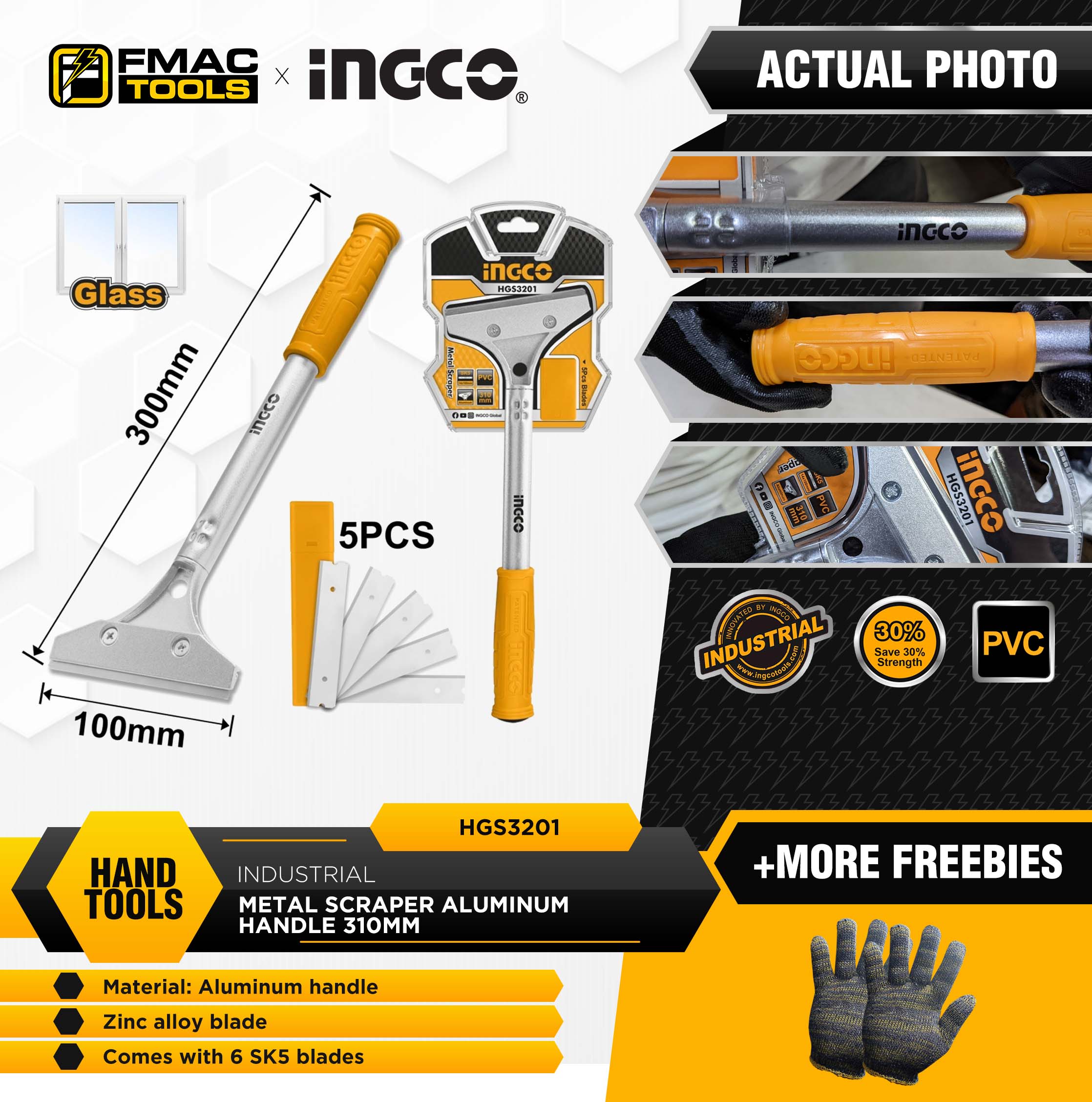 INGCO Metal Scraper Aluminum Handle 310mm HGS3201 + FREEBIES FMAC TOOLS ...