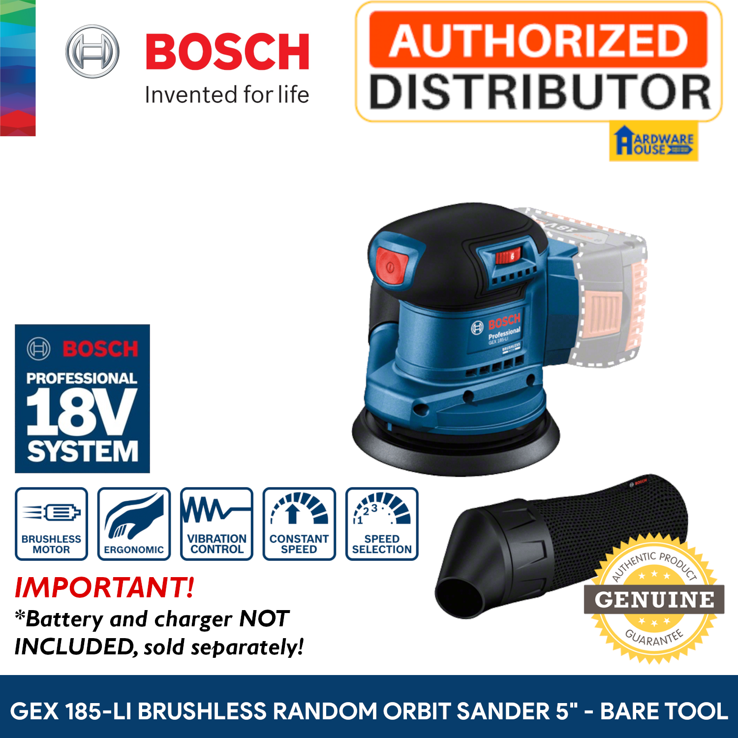 ORIGINAL Bosch 18V Brushless Sander GEX 185 Random Orbit Sanding for Wood & Metal GEX 185-LI ...
