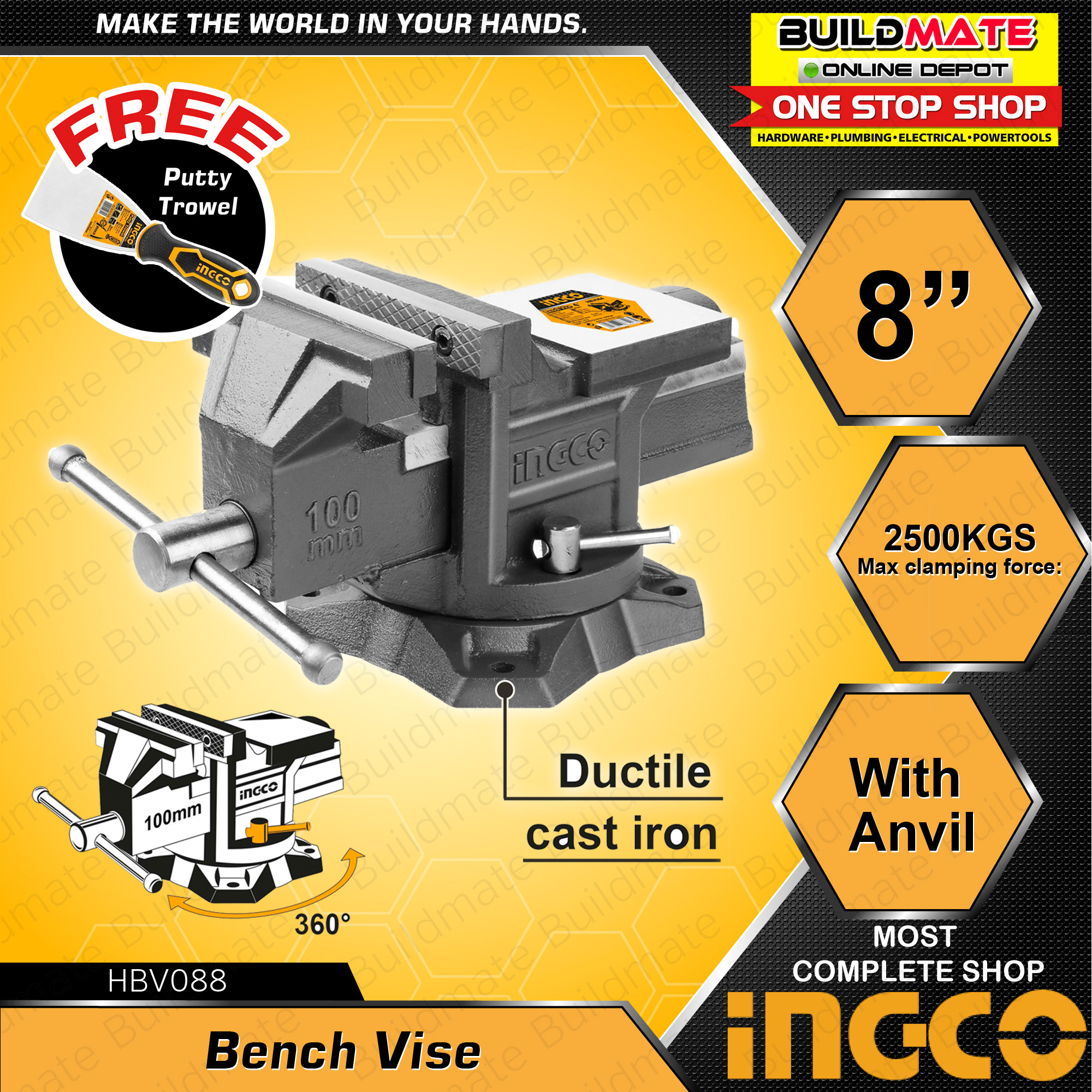 INGCO Bench Vice Industrial Heavy Duty 8" HBV088 +FREE PUTTY TROWEL ...