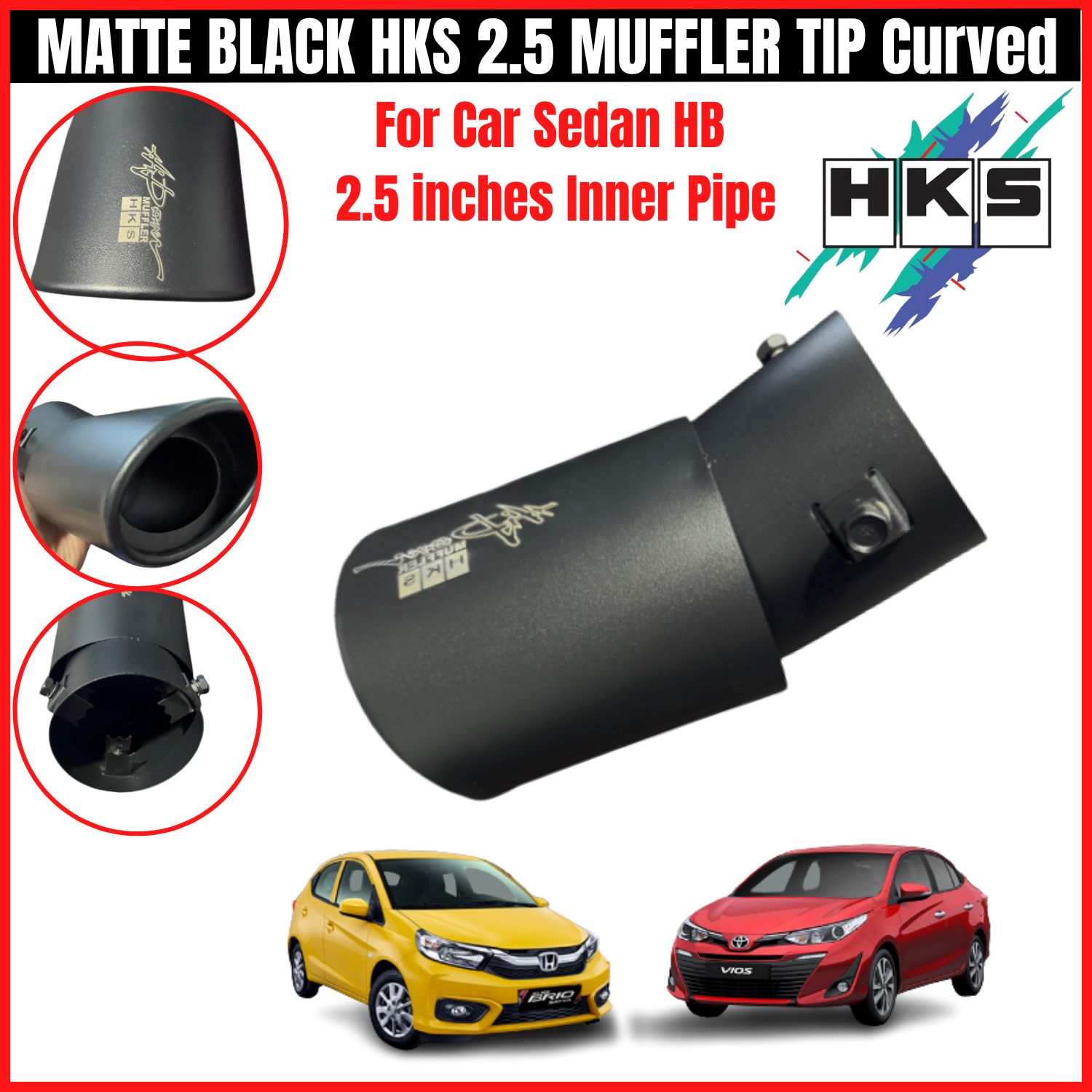 MATTE BLACK HKS 2.5 MUFFLER TIP Curved Universal for Car Sedan HB 2.5 ...