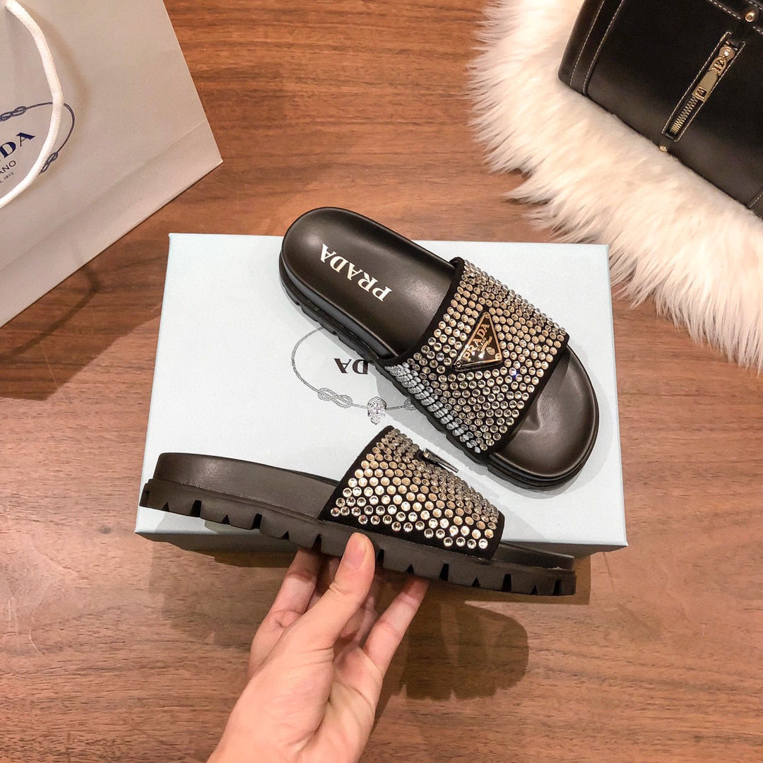 high qualityoriginal Pradaˉ Rhinestone flat bottom slip-on shoes high ...