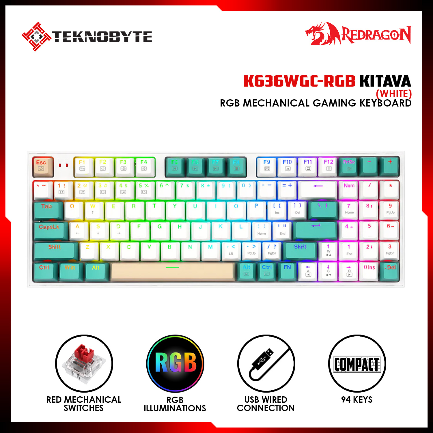 Redragon KITAVA K636WGC-RGB Wired Mechanical Gaming Keyboard Dust-Proof ...