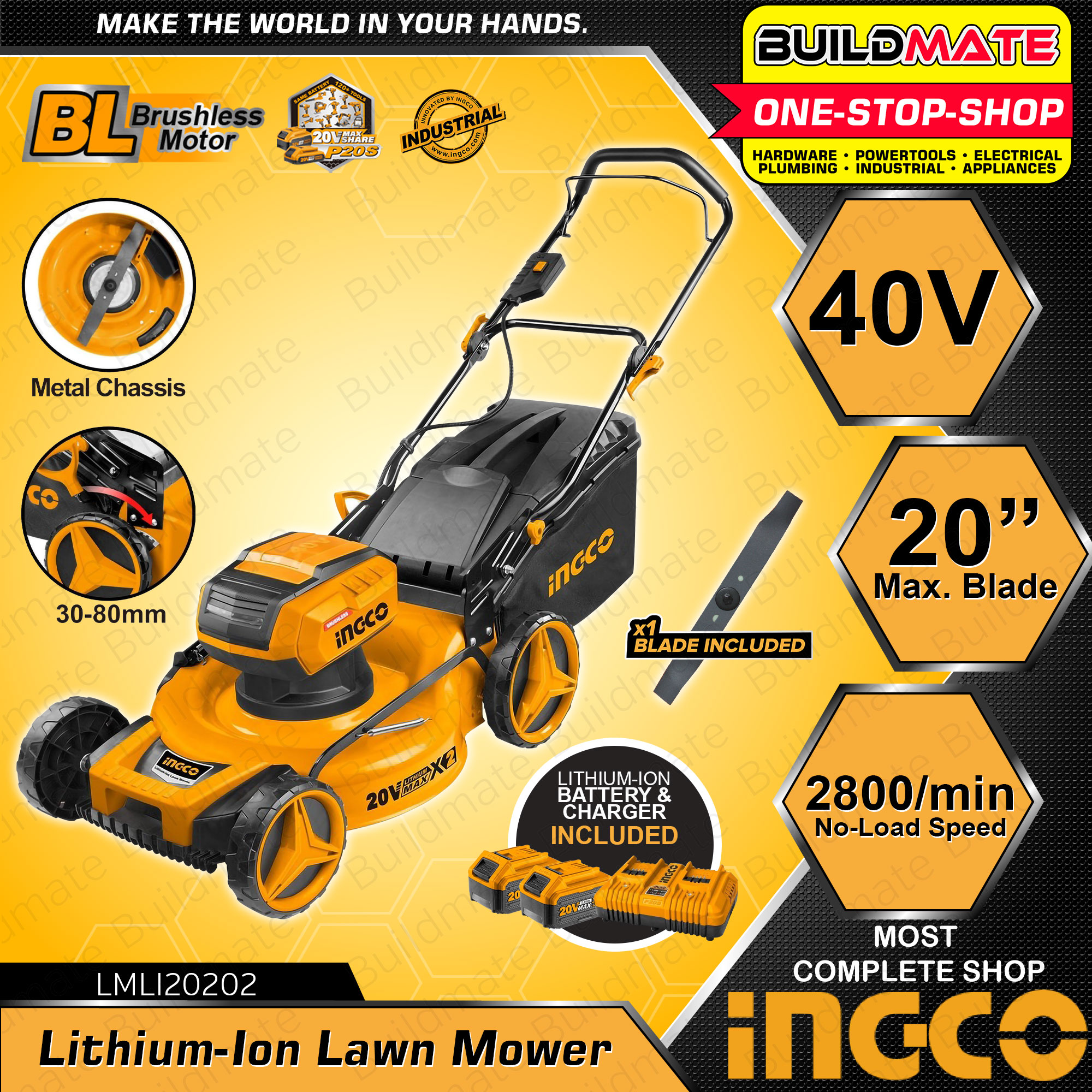 INGCO Lithium-Ion Cordless Lawn Mower 40V 18" Inch | 20" Inch Hand Push ...