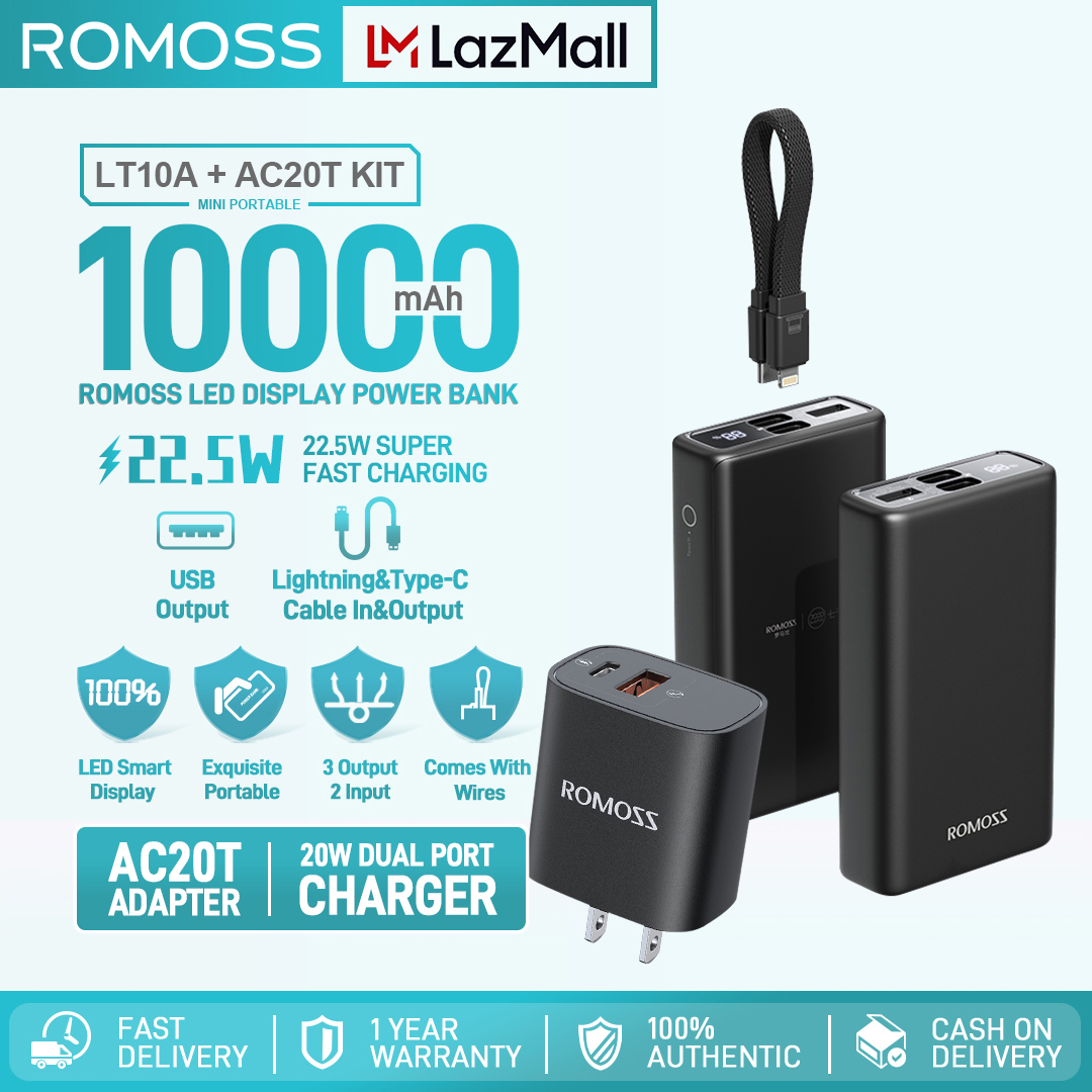 Romoss LT10A 10000mAh 22.5W Two-way Fast Charging Built-in Cable PD20W ...