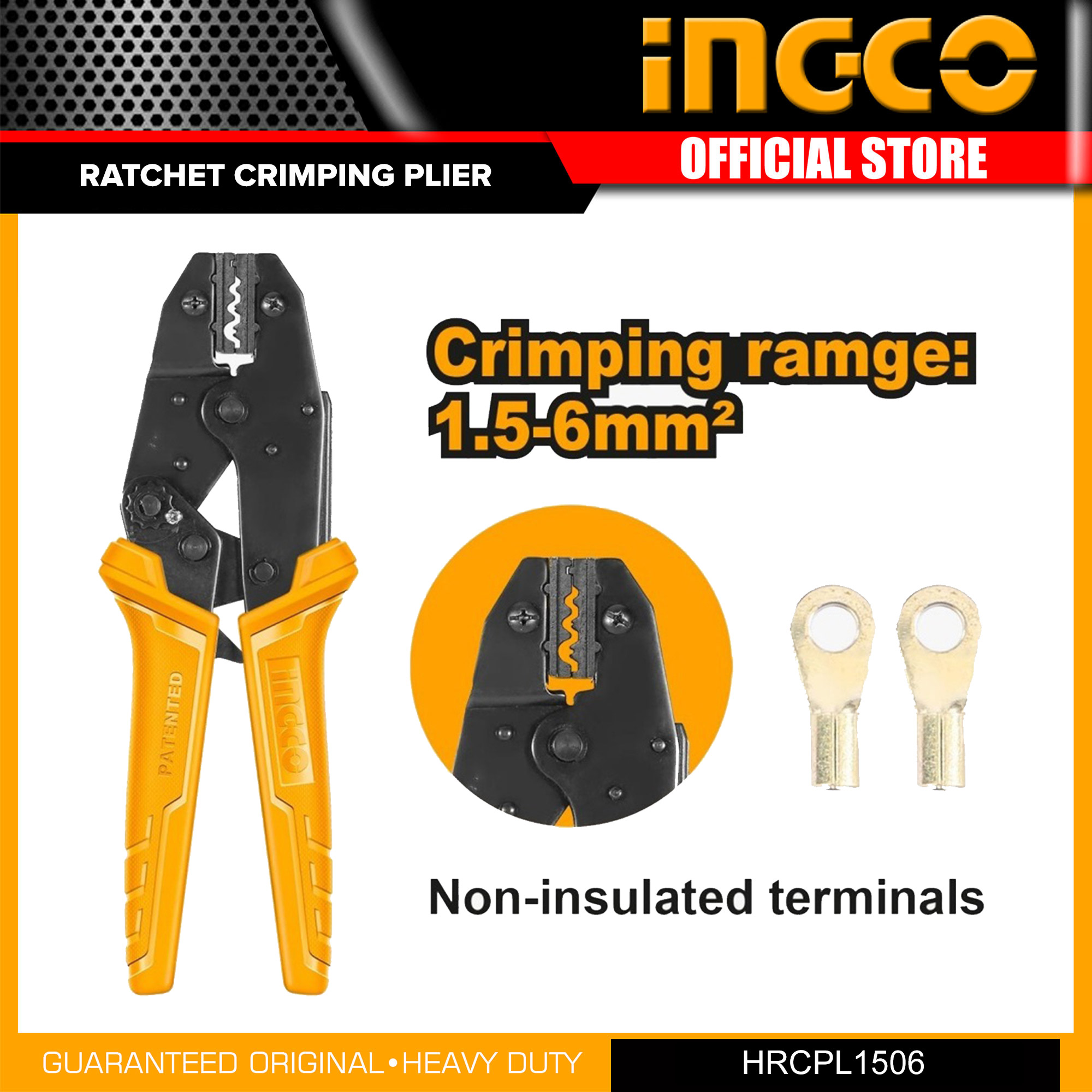 INGCO Ratchet Crimping Plier 9" 1.5-6mm² for Insulated Terminals & Butt ...