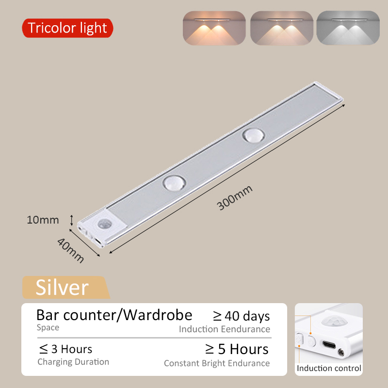 20/30/40/60cm LED USB Rechargeable Night Induction Lamp Motion Sensor ...