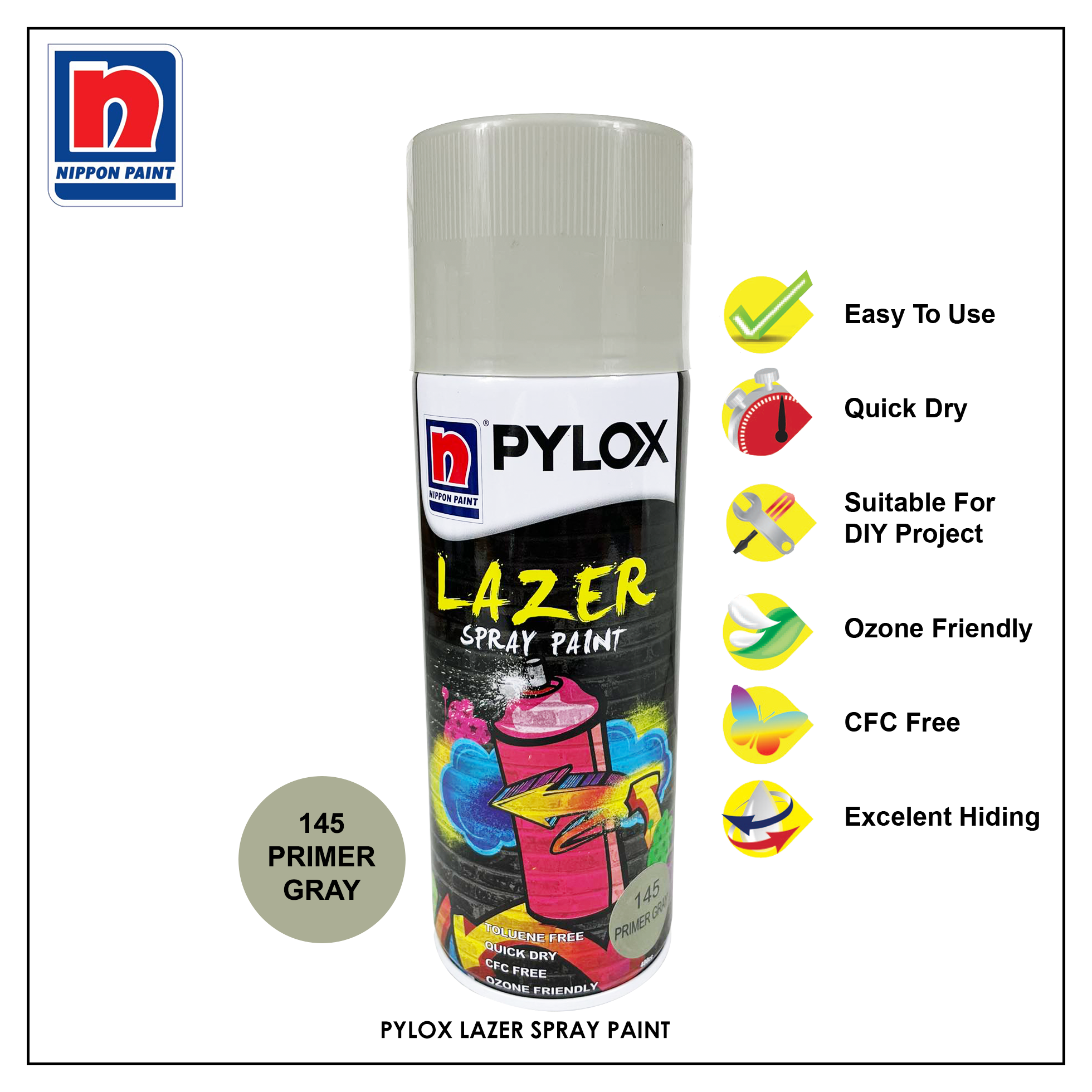 Pylox Lazer Spray Paint Primer Gray No.145 Nippon | Lazada PH