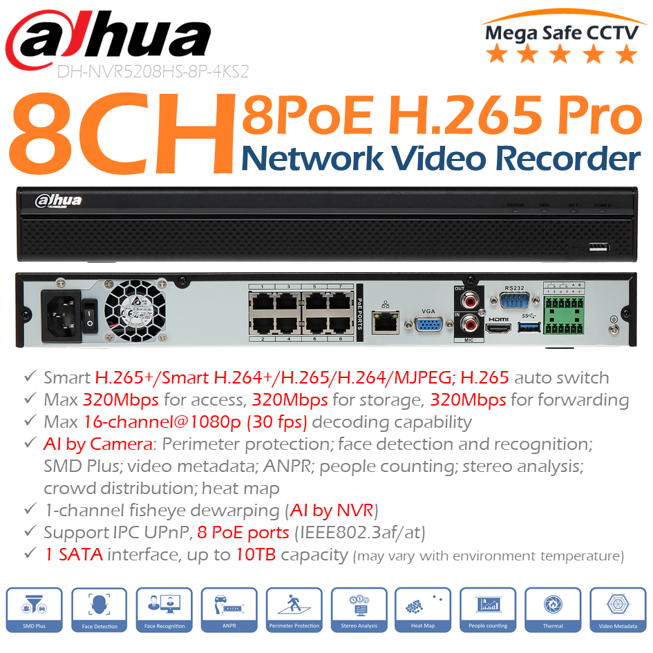 Dahua DHI-NVR5208-8P-4KS2 8Channel 8 PoE H.265 Pro NVR, 8 Ports Built-in PoE, 2 SATA interfaces ...