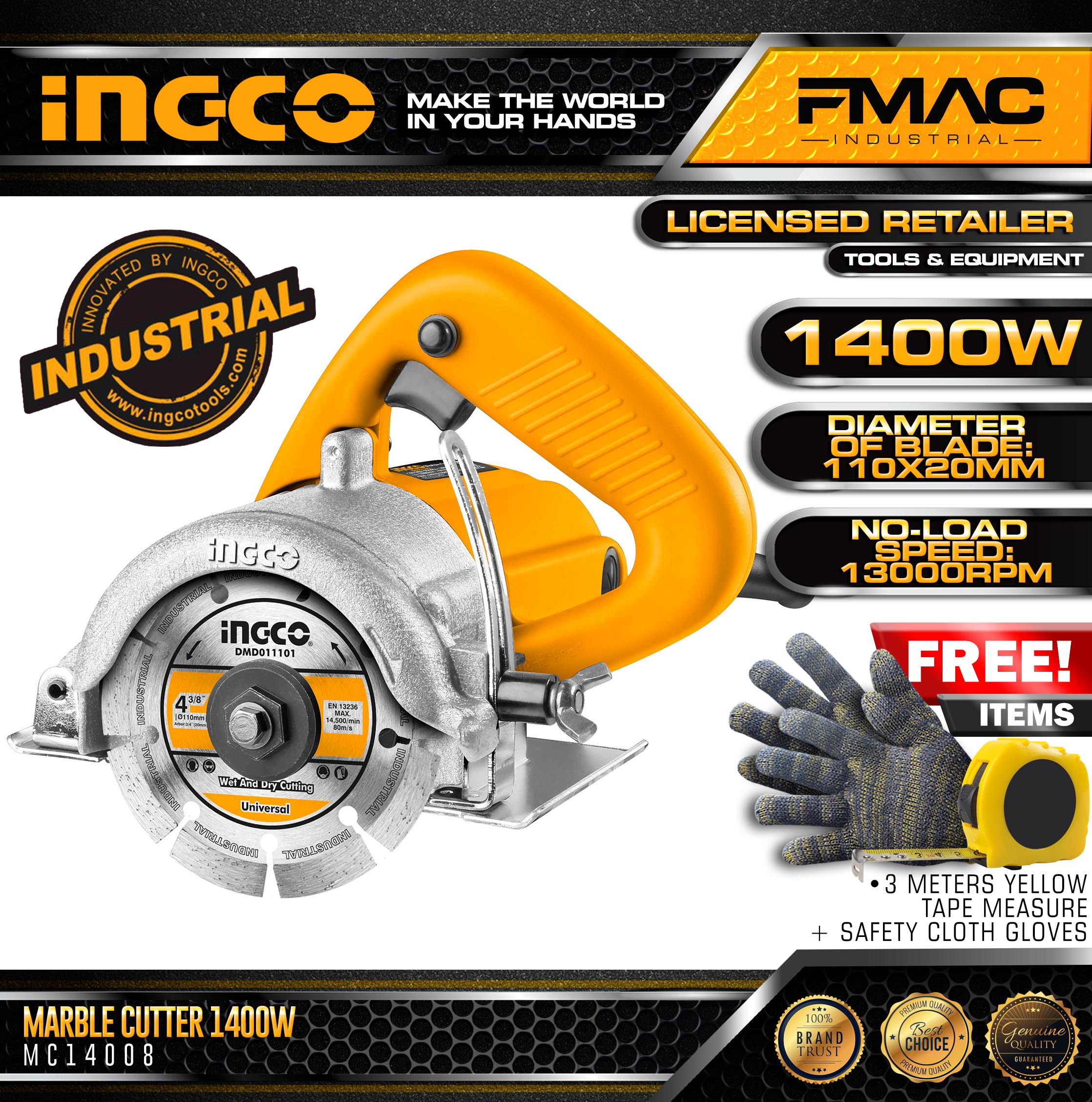 INGCO Marble Cutter 1400W MC14008 (WITH FREE 3 METERS YELLOW TAPE ...