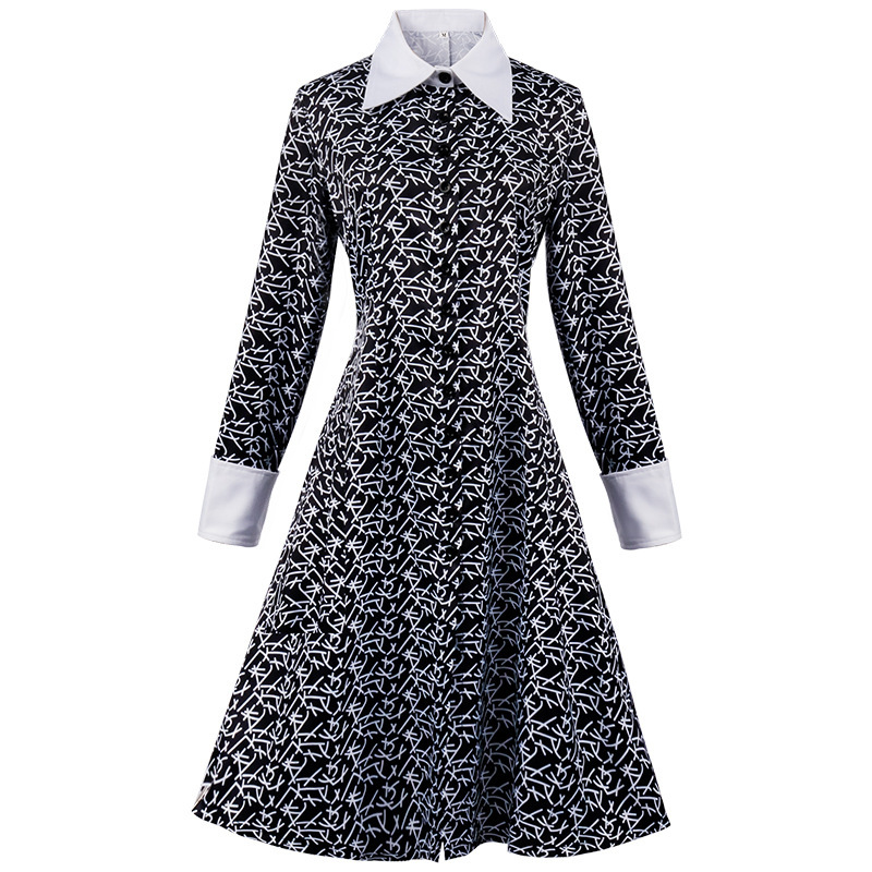 Adams Family cos Clothing Halloween Wednesday Adams Black Dress Printed ...