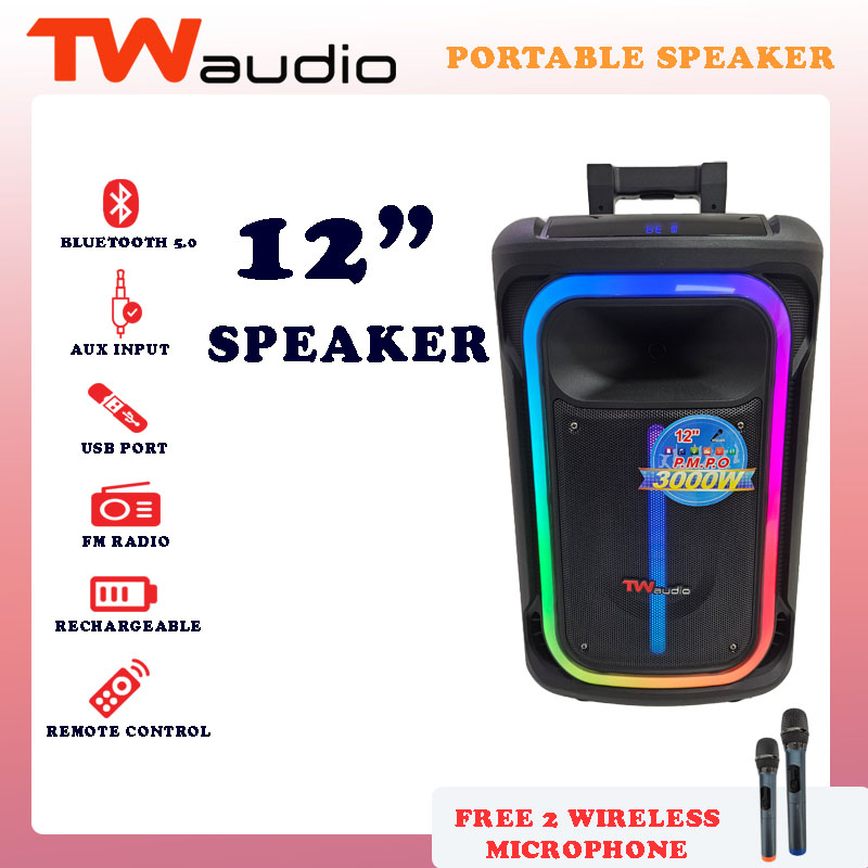 TW AUDIO BY TECHWOO 12 INCHES PARTY SPEAKER WITH LED LIGHTS/ 2 WIRELESS ...