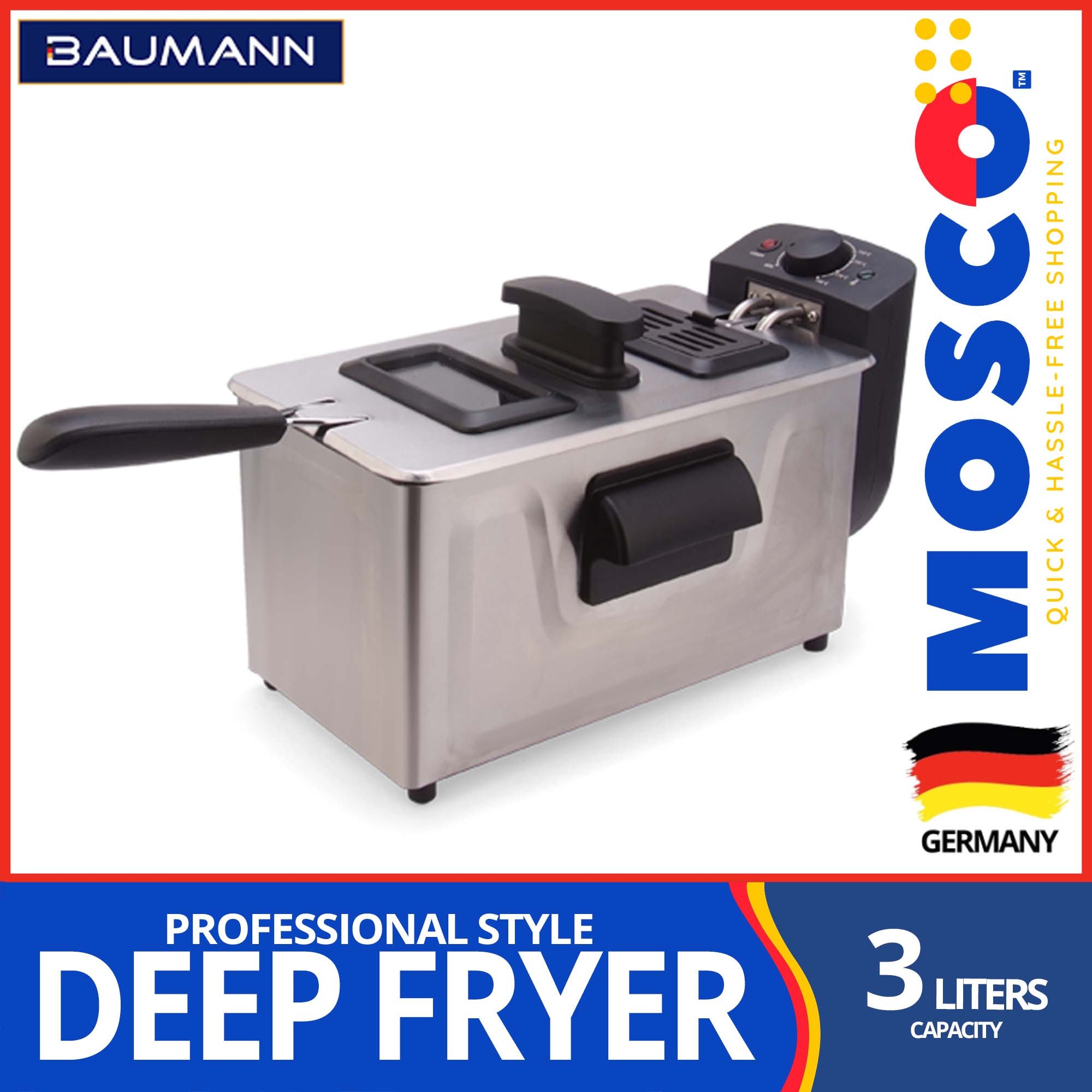 Baumann™ Professional Deep Fryer 3L | 700g Capacity Basket with Drain Hook | | Lazada PH