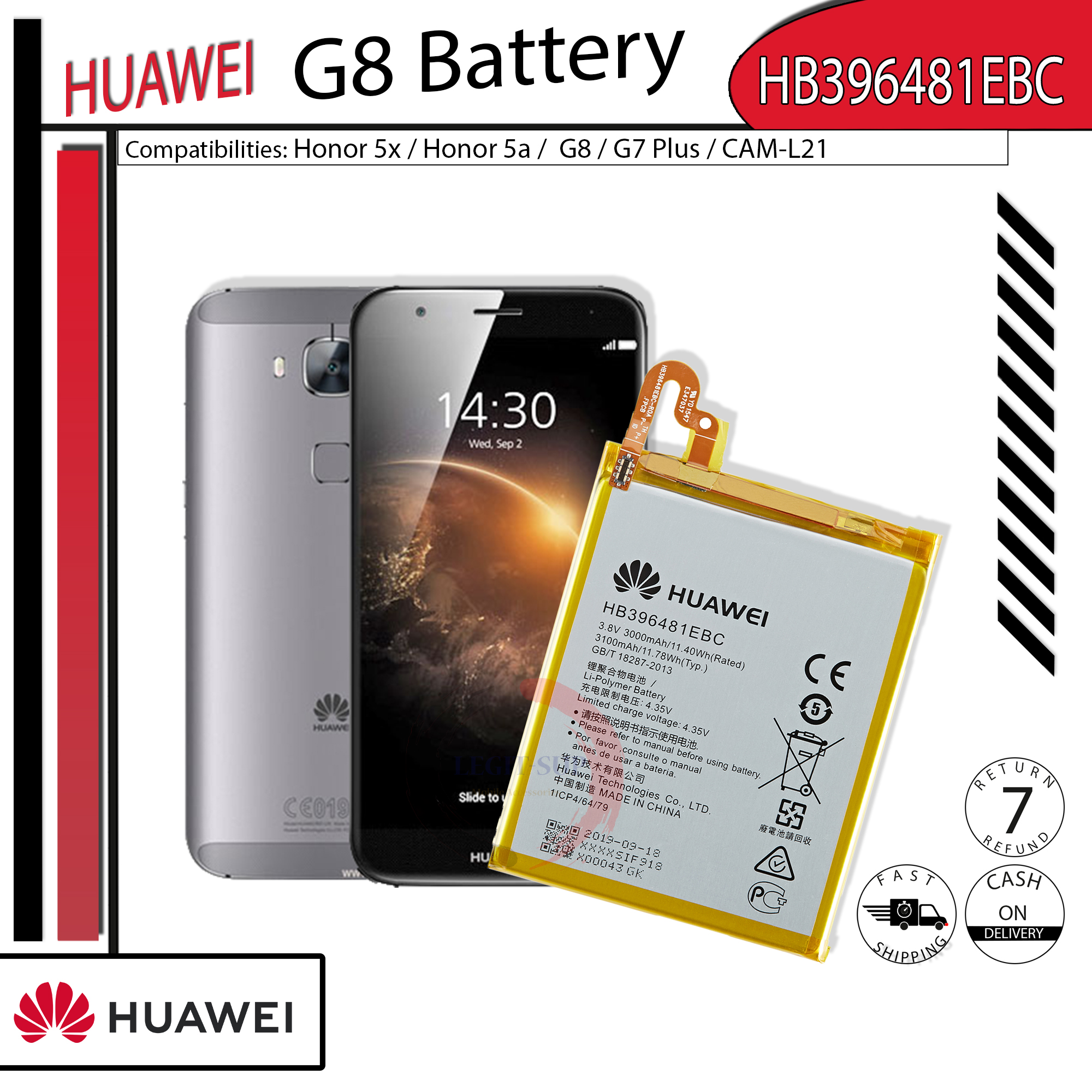 Huawei G8 Battery Model: HB396481EBC (3000mAh) Original Equipment ...