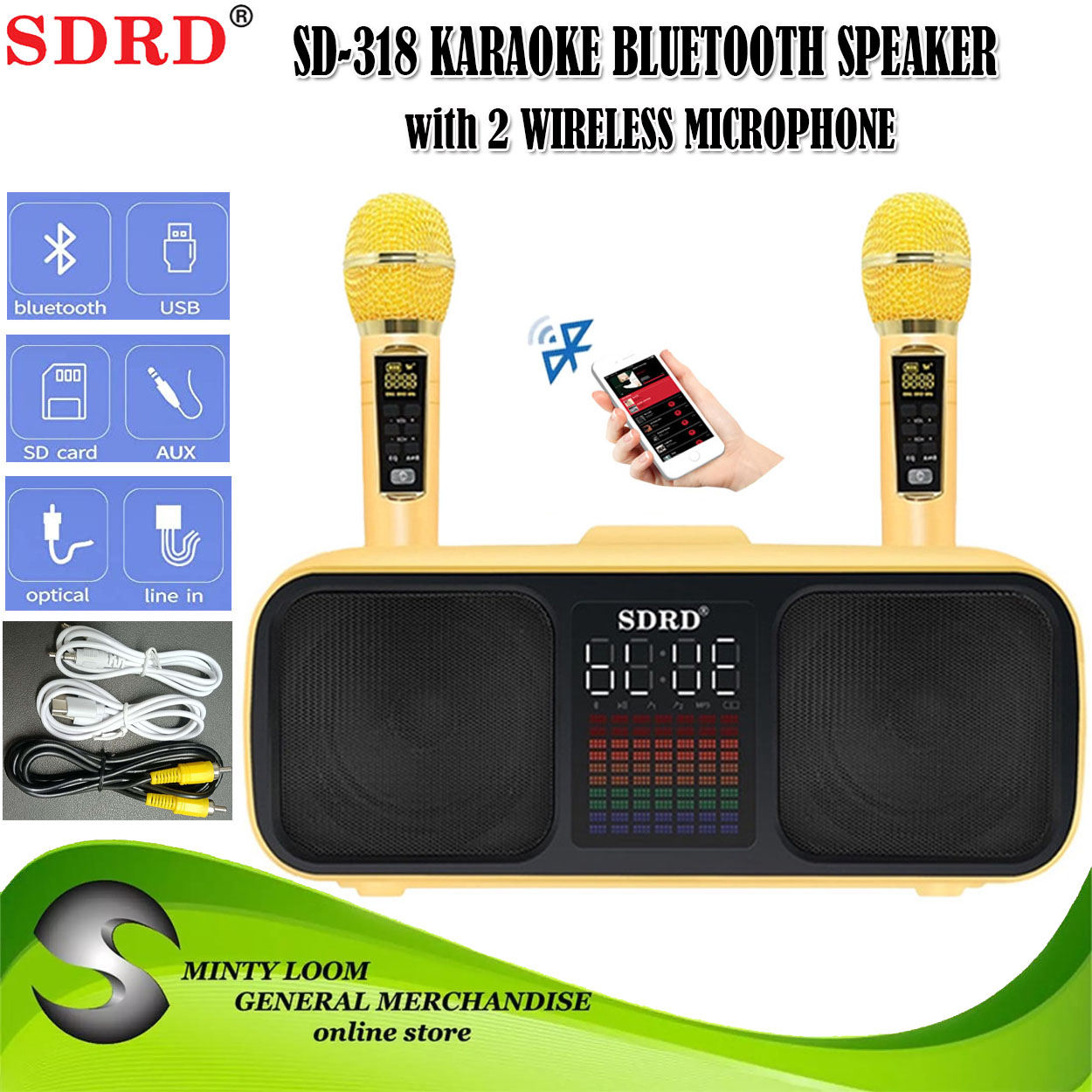 SDRD SD-318 Bluetooth Karaoke Speaker Comes with 2 Wireless Microphones with LCD Screen | Lazada PH