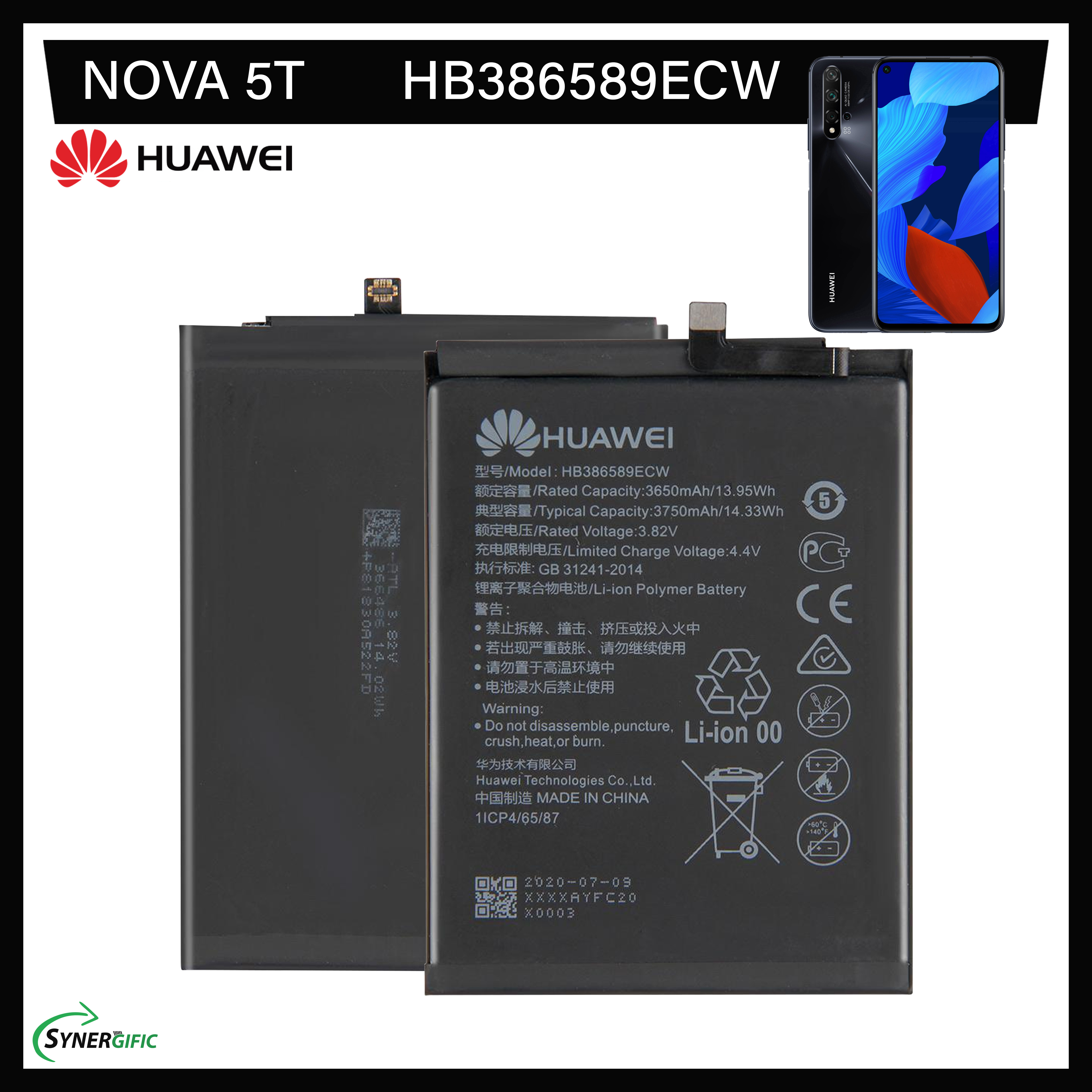 For Huawei Nova 5T Battery Original, Model: HB386589ECW High Quality ...
