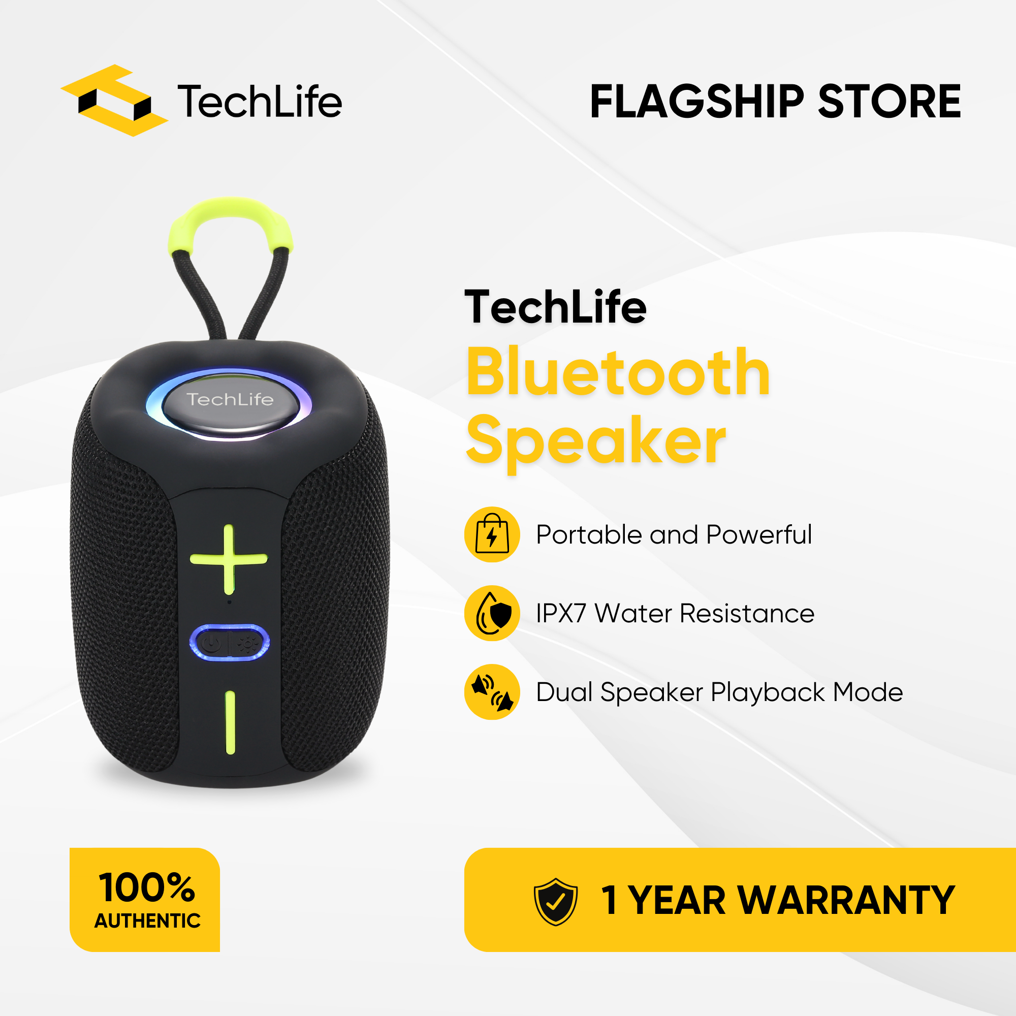 TechLife Bluetooth Speaker | IPx7 Water Resistant | Long Lasting | Dual Speaker Playback Mode ...